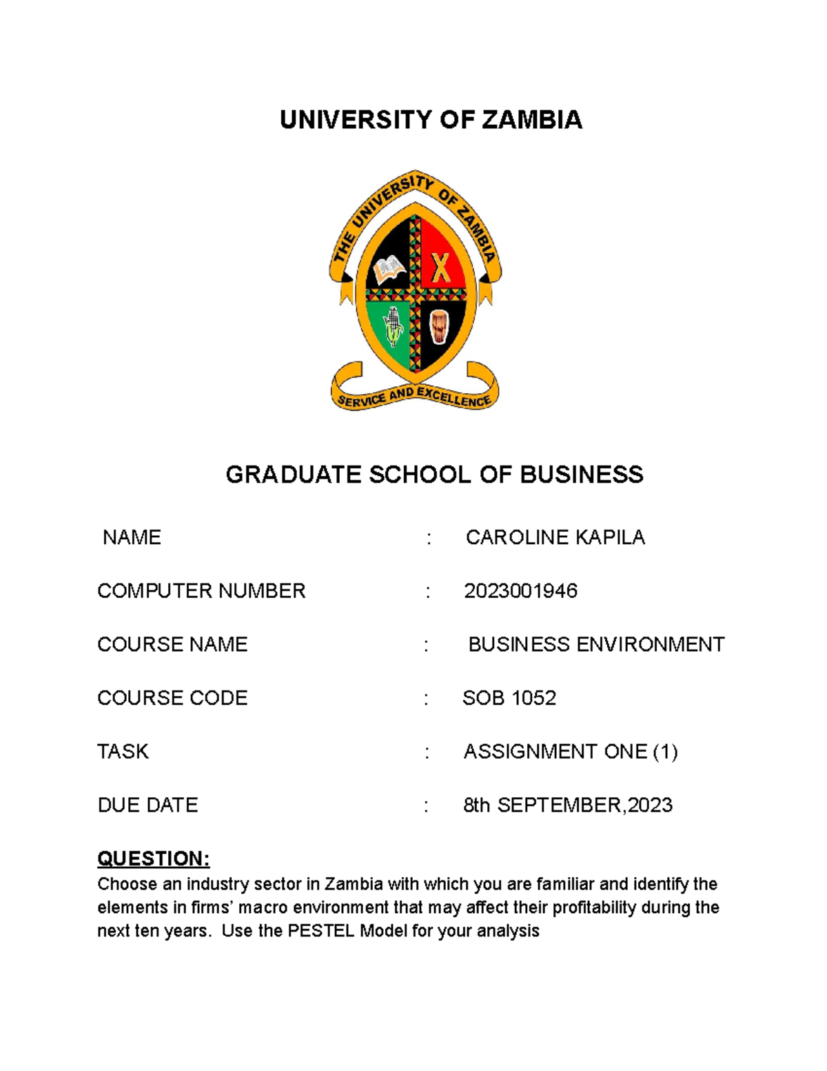 Business environment assignment-1 - UNIVERSITY OF ZAMBIA GRADUATE ...