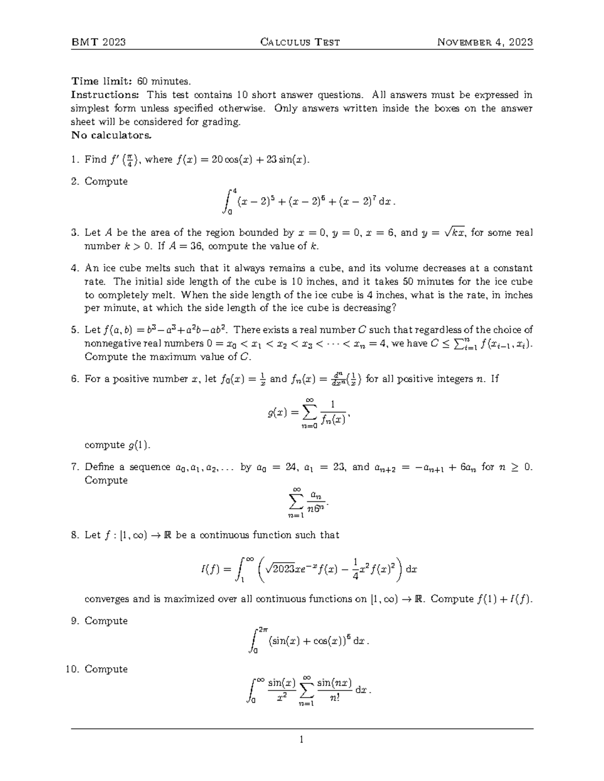 BMT Calculus Test 2023 - BMT 2023 Calculus Test November 4, 2023 Time ...