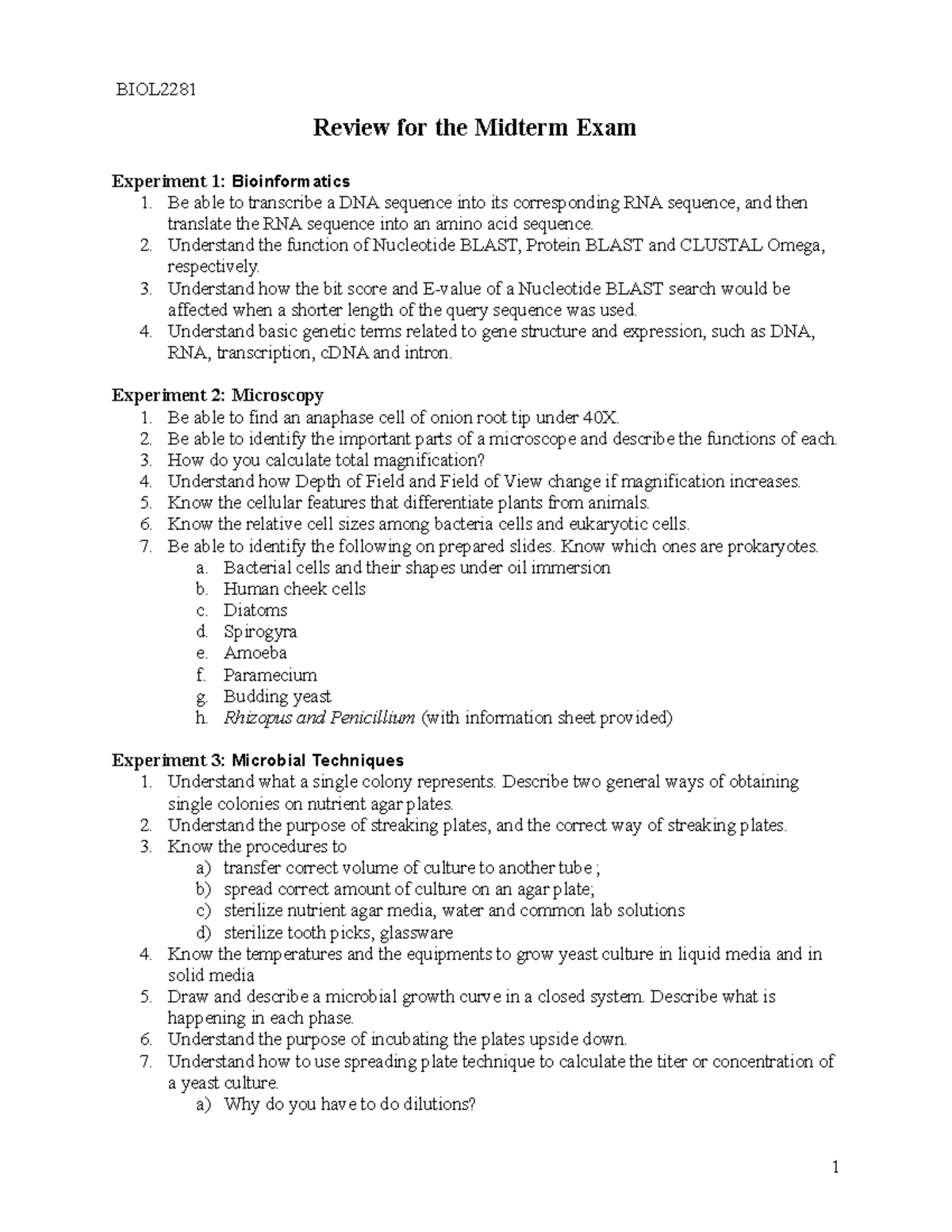 Midterm Review E1 E5 BIOL2281-2018 - BIOL Review for the Midterm Exam Experiment 1 ...
