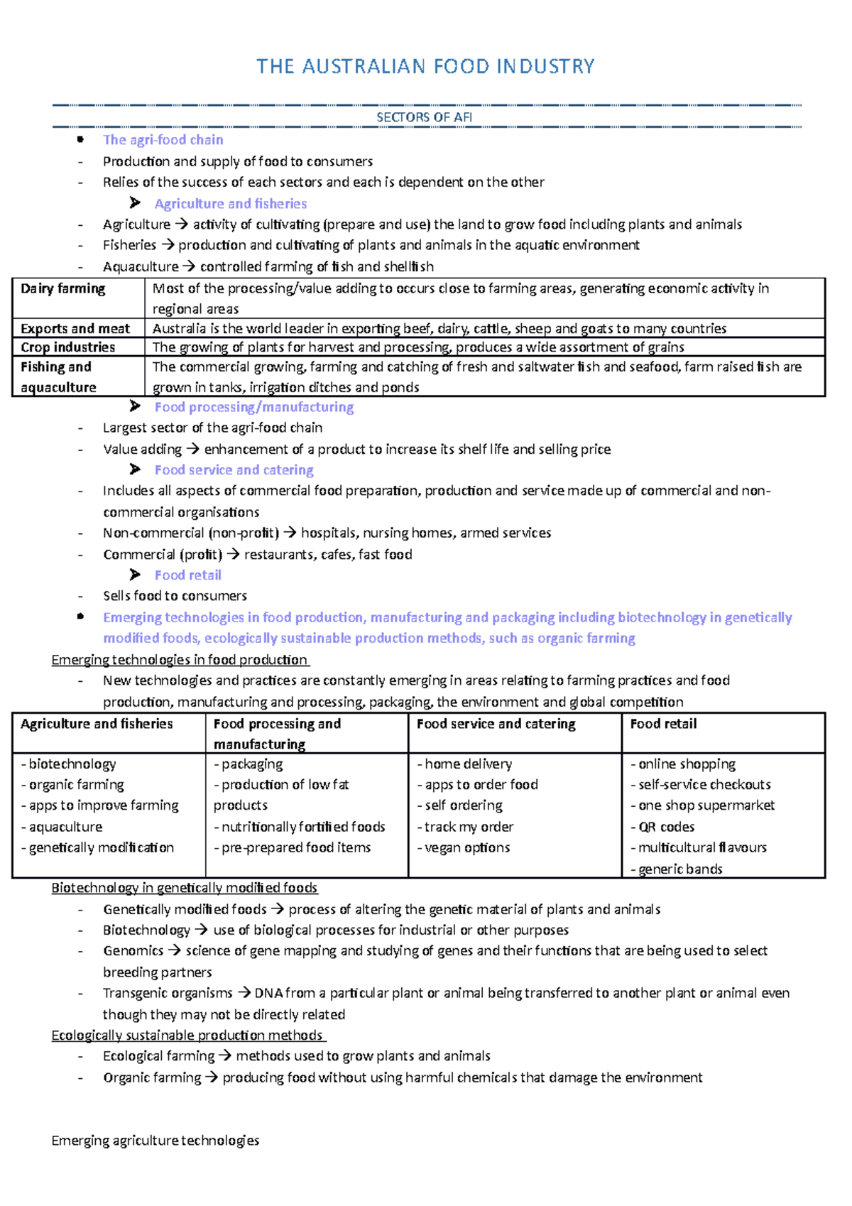 Food tech notes - THE AUSTRALIAN FOOD INDUSTRY SECTORS OF AFI The agri ...