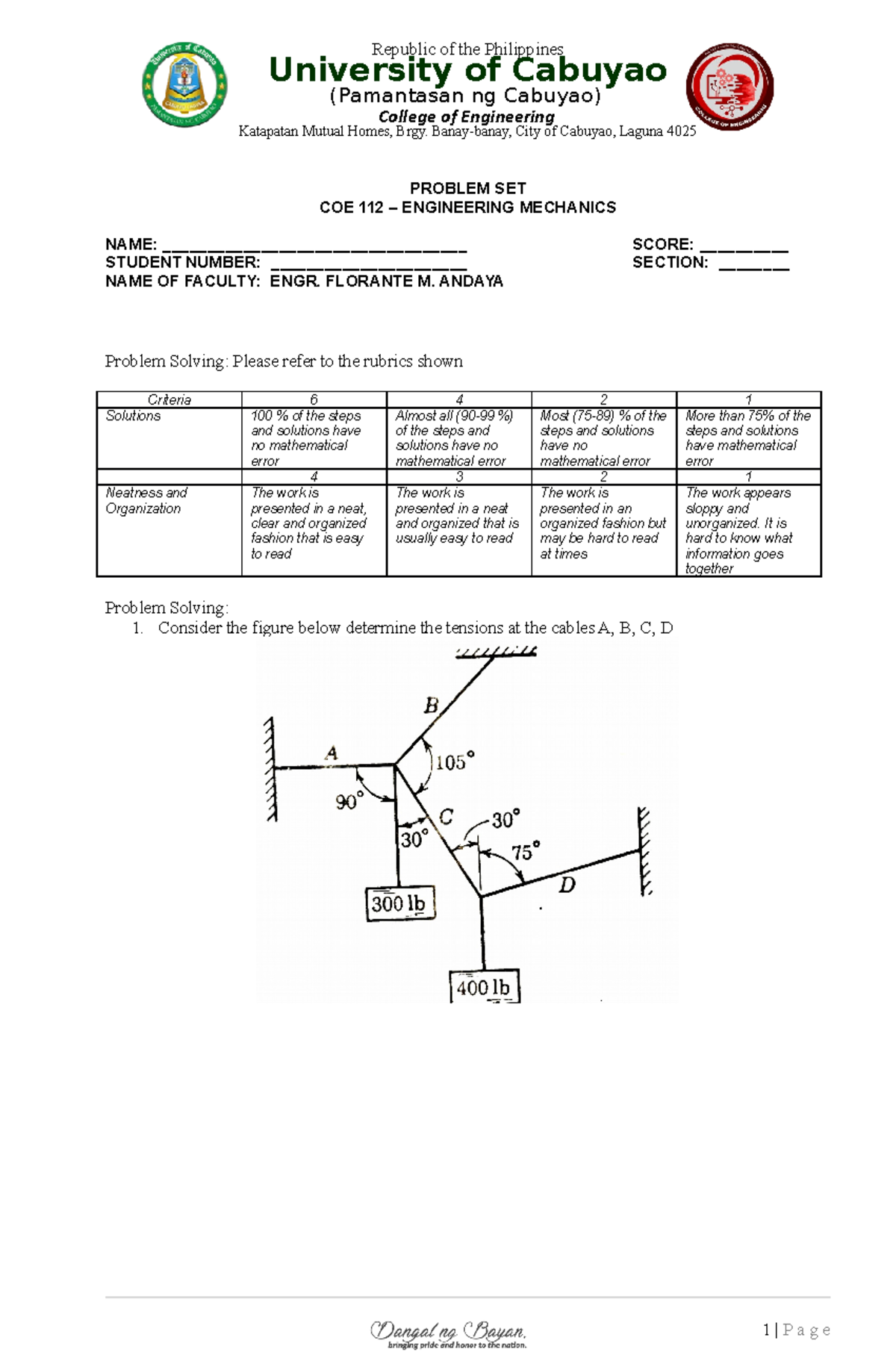 Problem Set in Engineering Mechanics - Republic of the Philippines ...