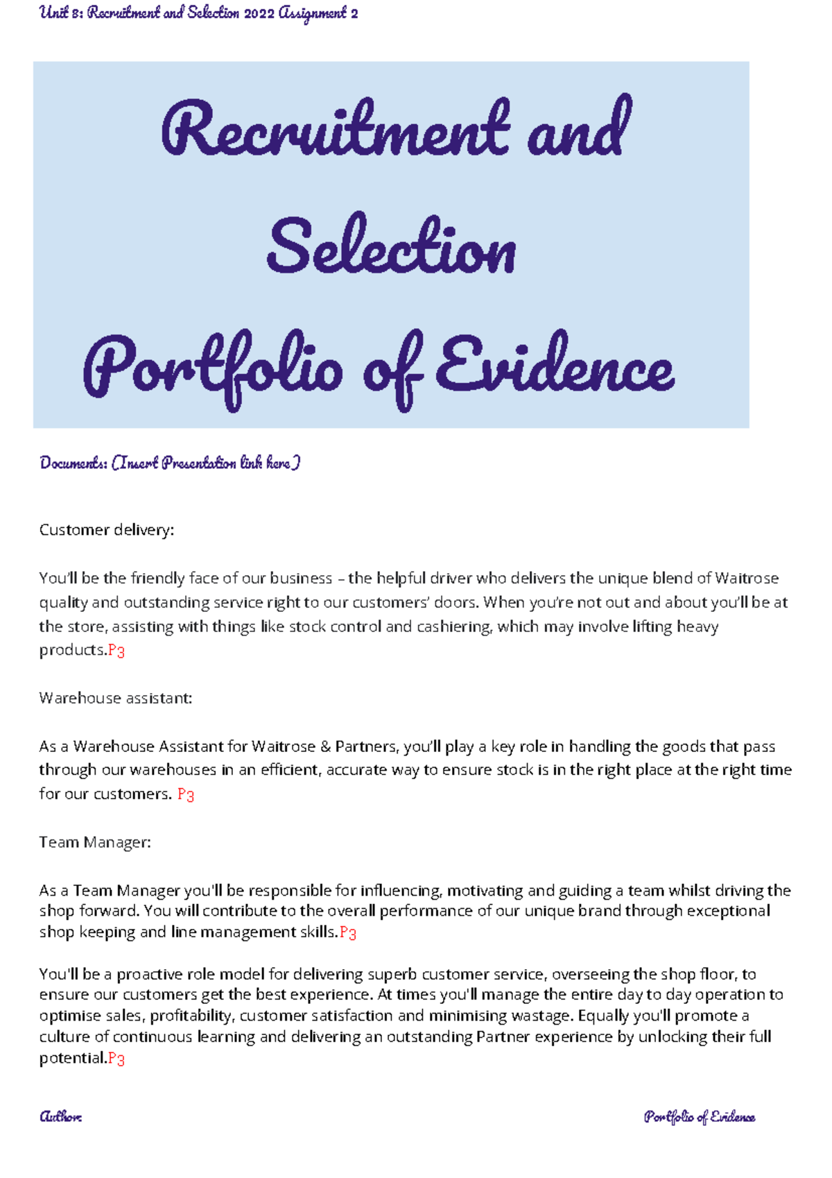 Unit 8 Assignment 2 Portfolio of Evidence - Recruitment and Selection ...