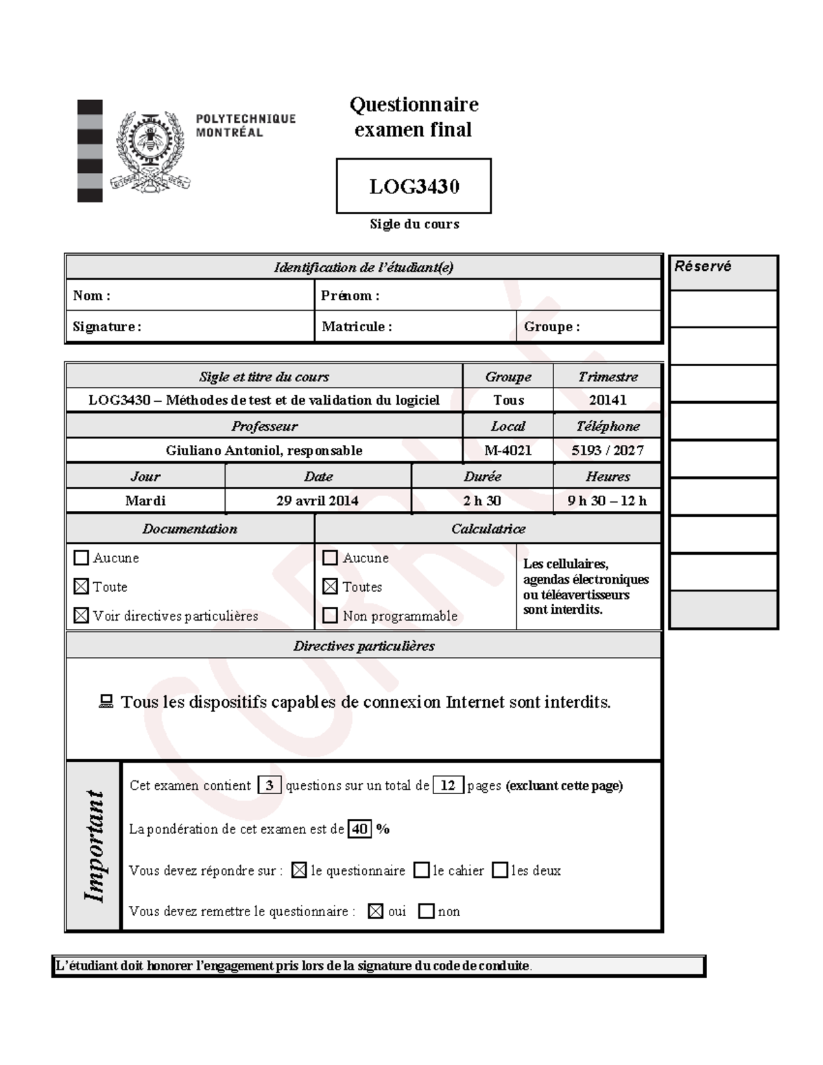 LOG3430 Final 1 H2014 QS - Questionnaire examen final LOG Sigle du ...