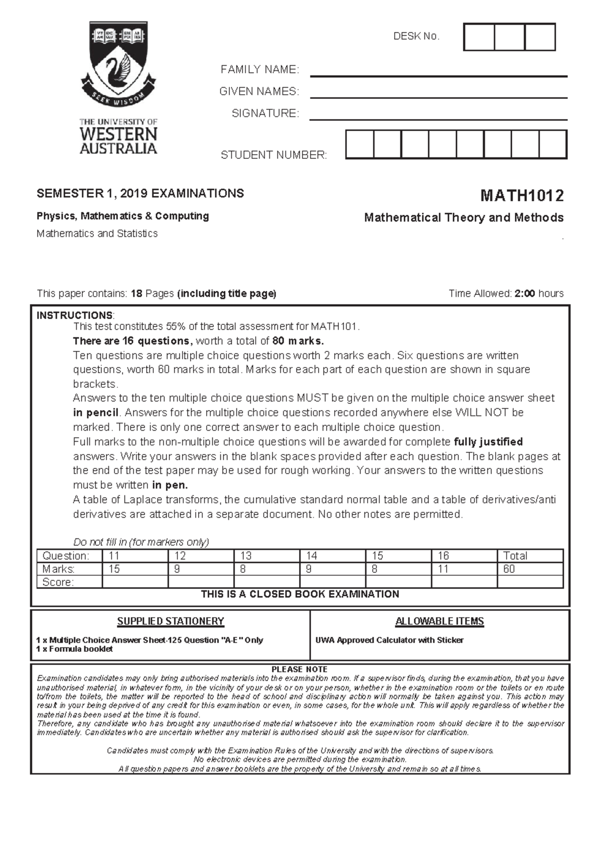 MATH1012 - Mathematical Theory and Methods - Physics Mathematics and Computing - DESK No. FAMILY ...
