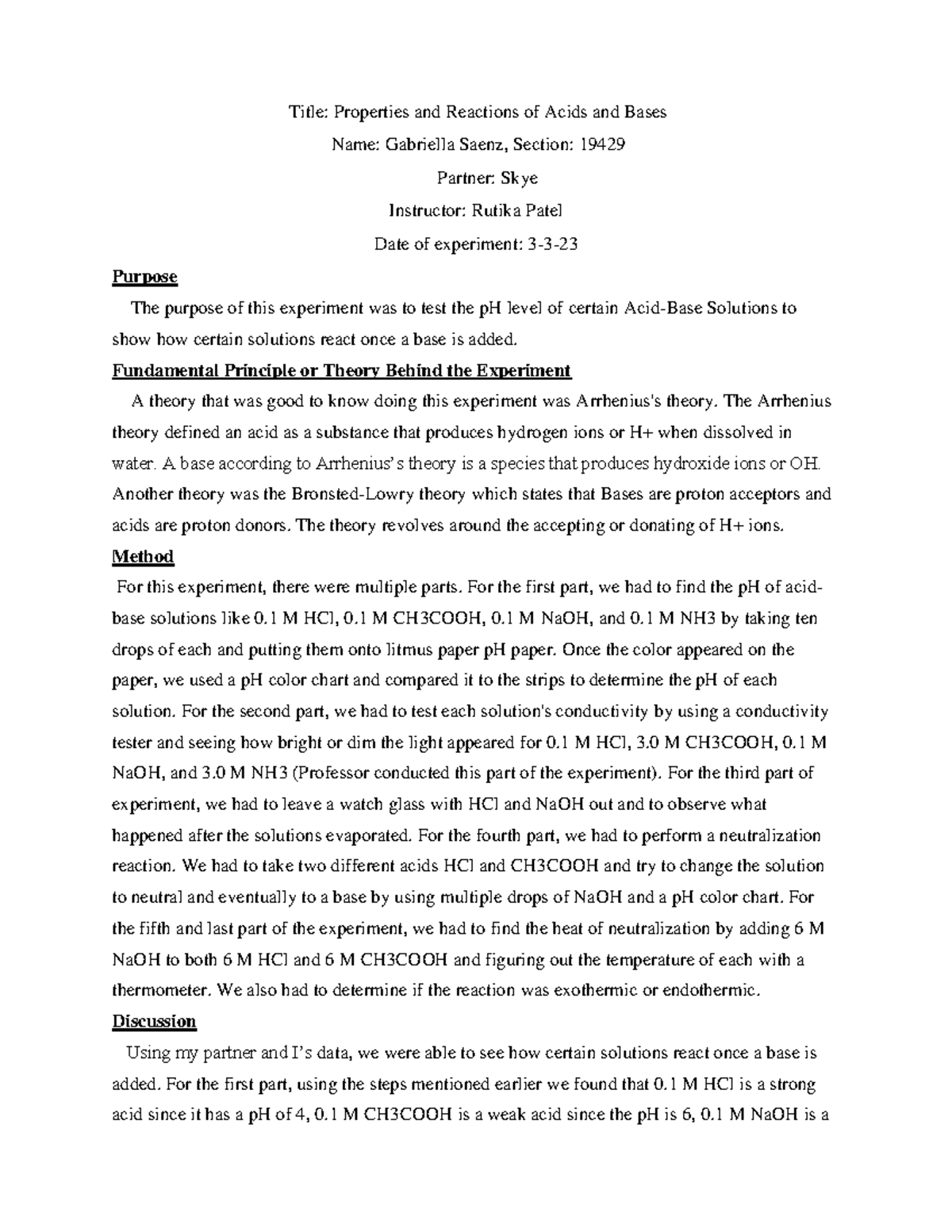 Properties and Reactions of Acids and Base report - Title: Properties ...