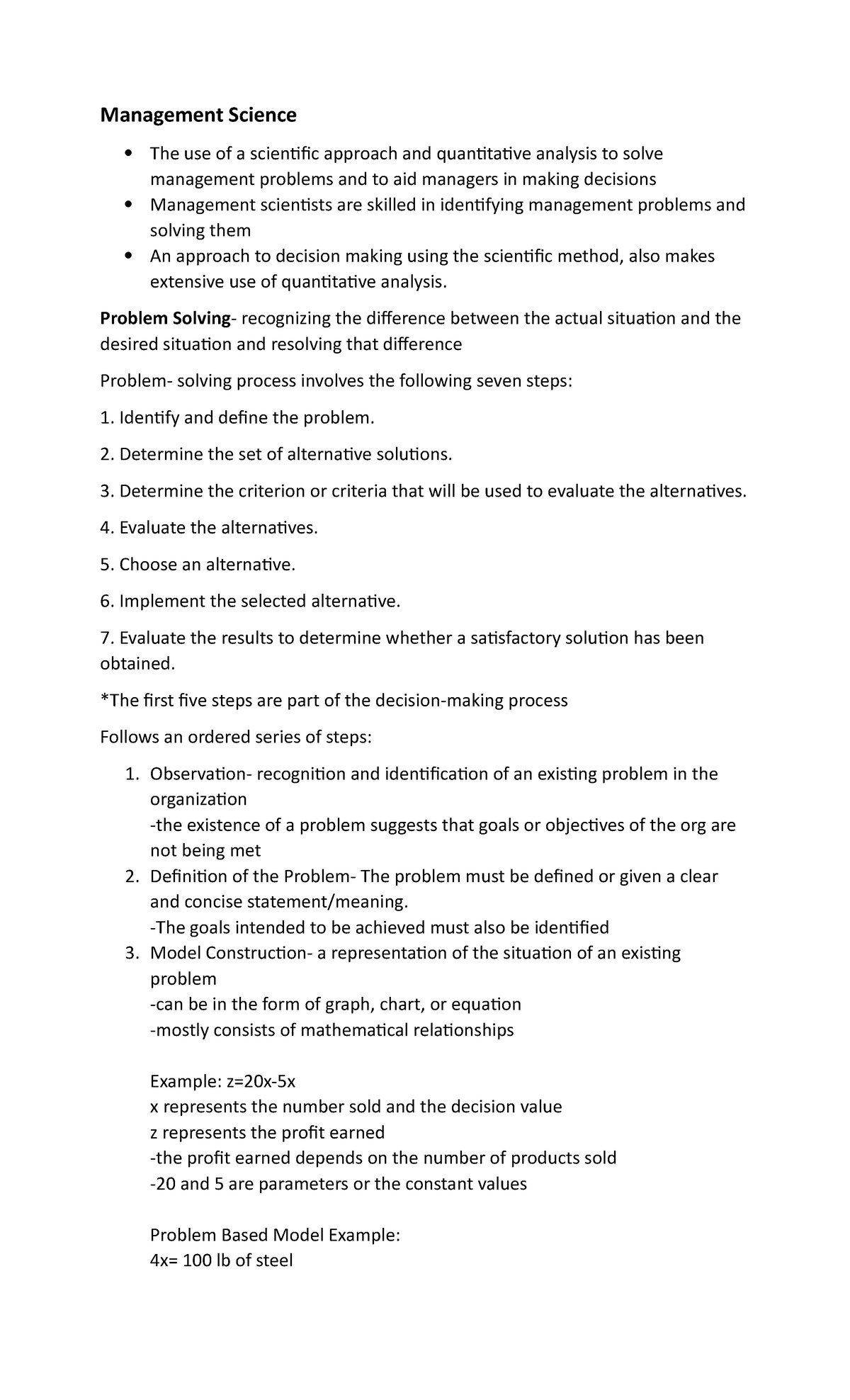 1st quarter notes - Management Science The use of a scientific approach ...