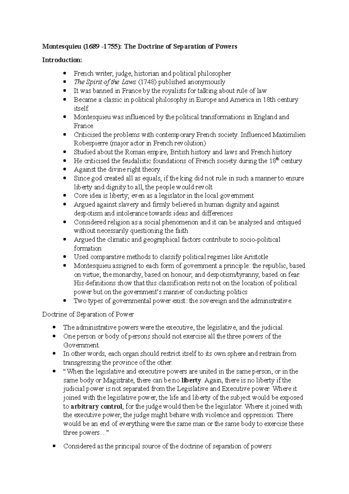 Montesquieu - lecture notes - Montesquieu (1689 -1755): The Doctrine of ...