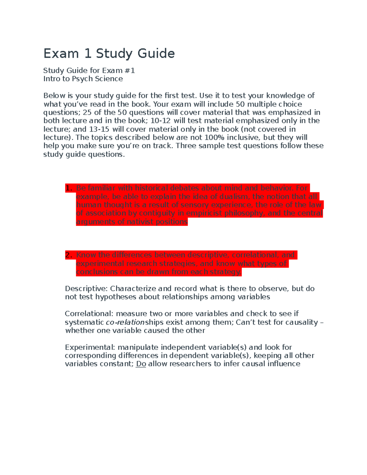 Exam 1 Study Guide - Exam 1 Study Guide Study Guide for Exam # Intro to ...