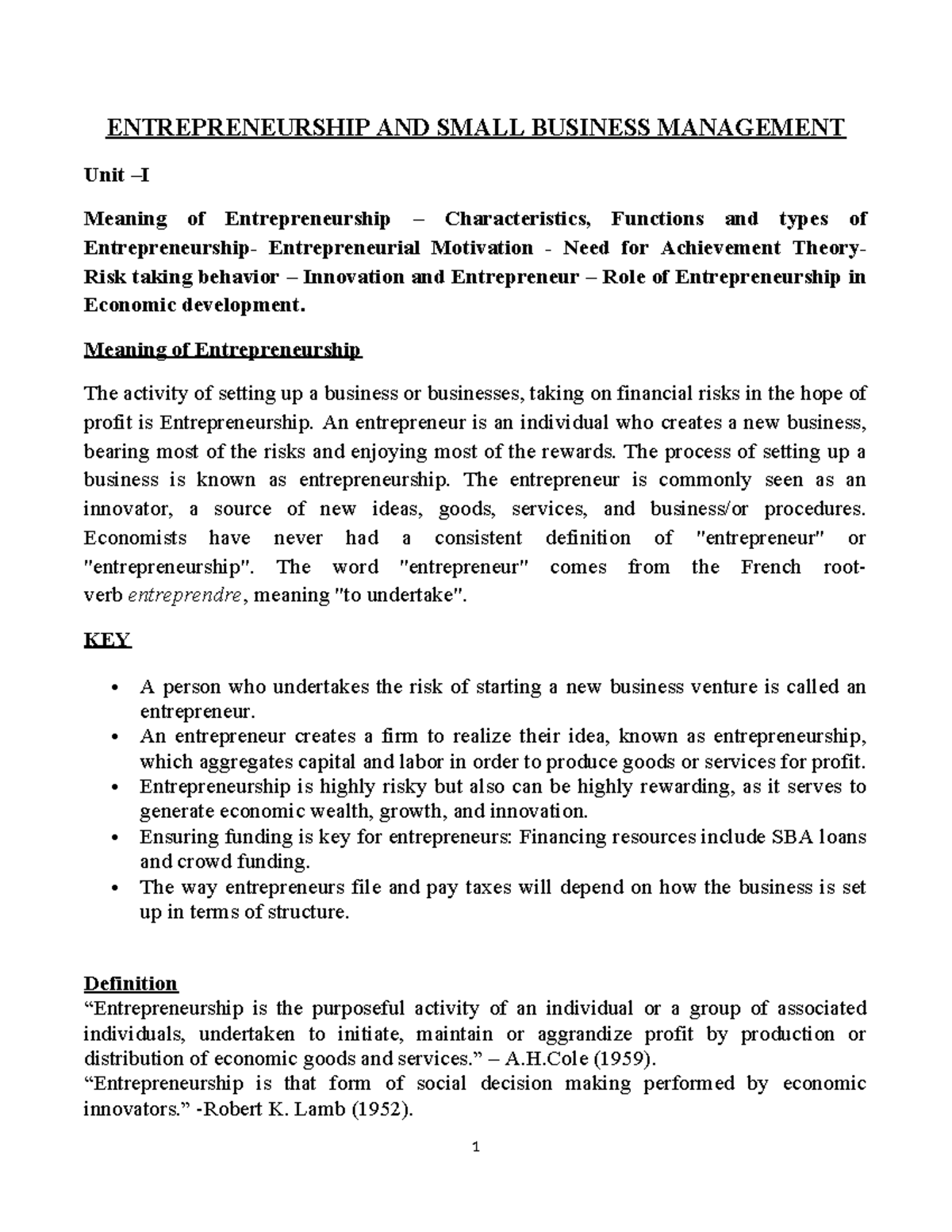 Unit1ESB - esb - ENTREPRENEURSHIP AND SMALL BUSINESS MANAGEMENT Unit –I ...