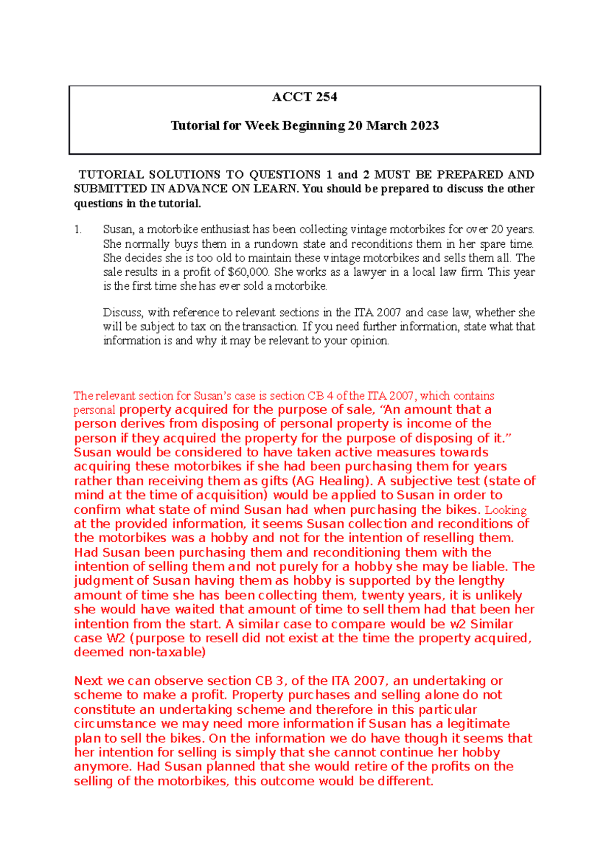 Tutorial Preparation Week 4 - ACCT 254 Tutorial for Week Beginning 20 March 2023 TUTORIAL ...