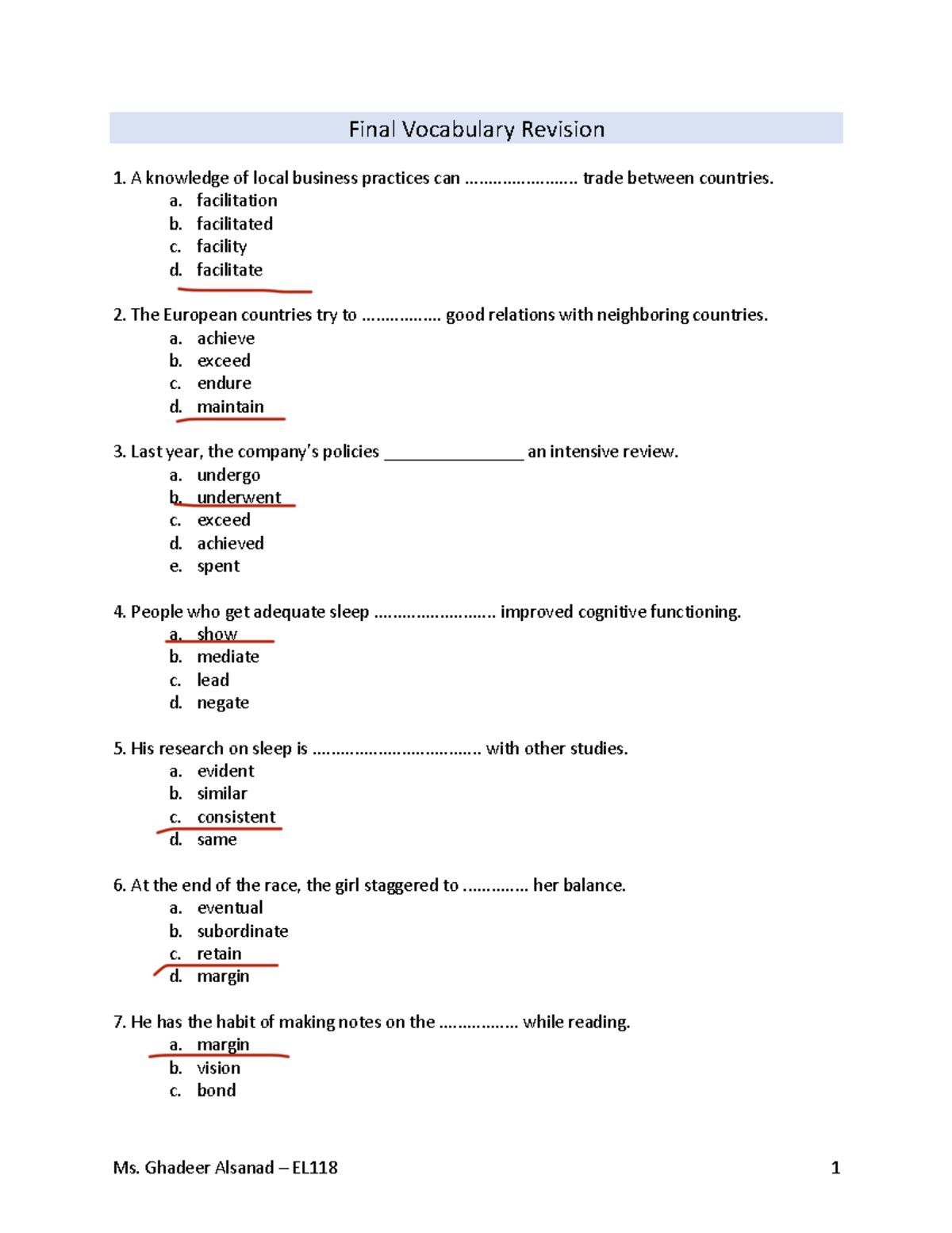 Final Vocabulary Revision(with answers) - Ms. Ghadeer Alsanad – EL118 1 ...
