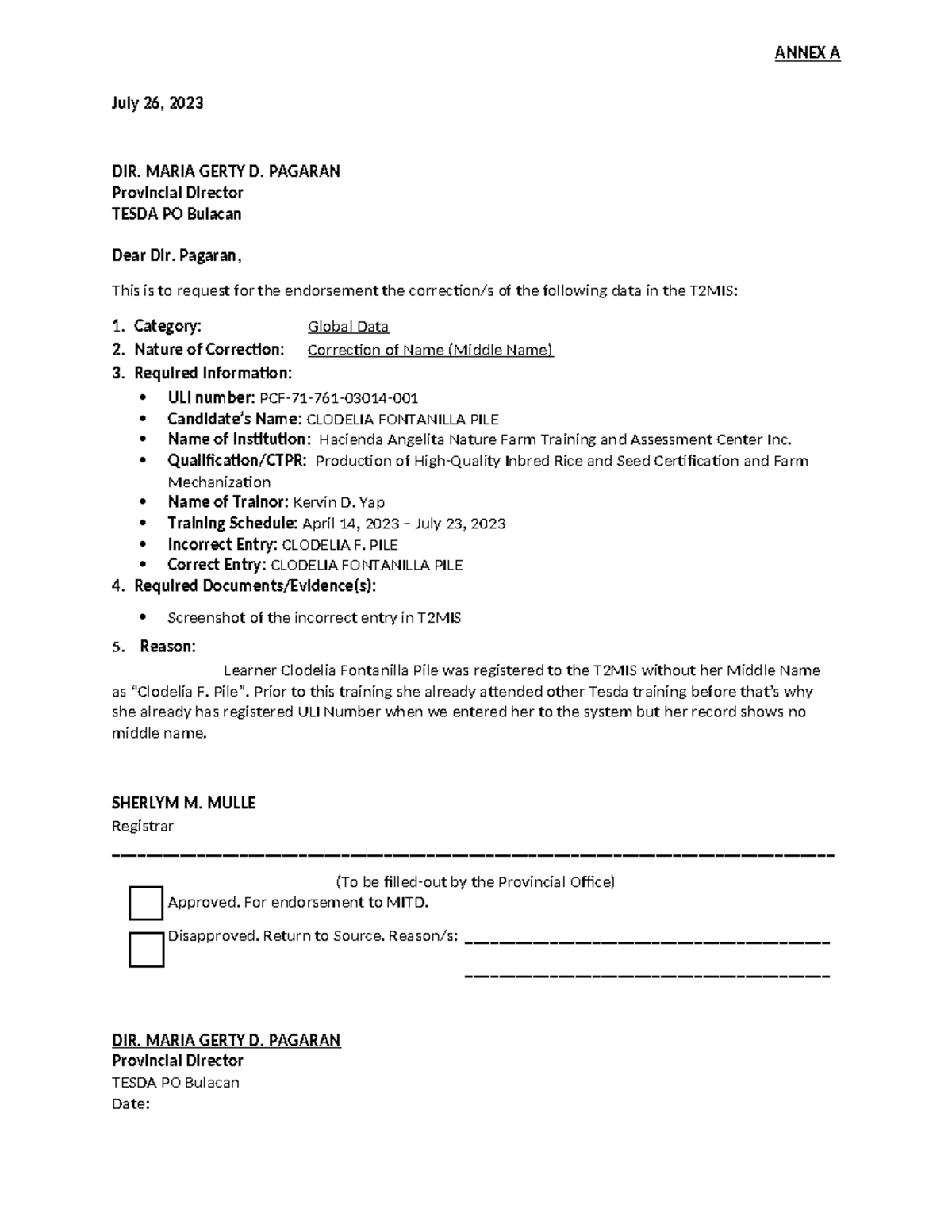 Annex A Correction in Trainees Profile - ANNEX A July 26, 2023 DIR ...