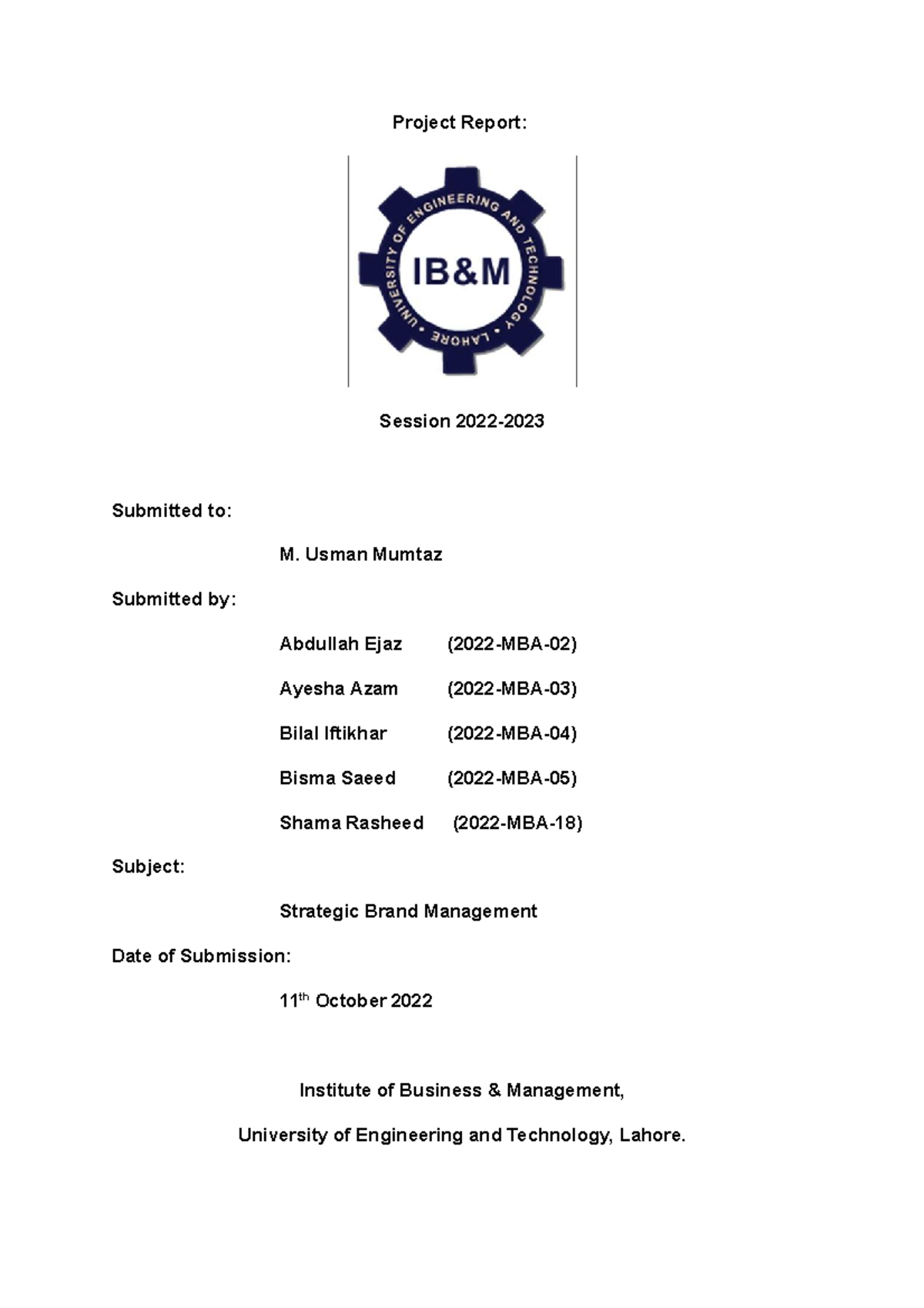 Strategic Brand mgmt - Project Report: Session 2022- Submitted to: M ...