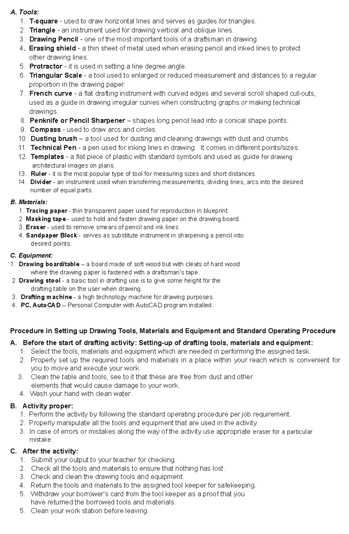 Reviewer - Drafting - A. Tools: 1. T-square - used to draw horizontal ...