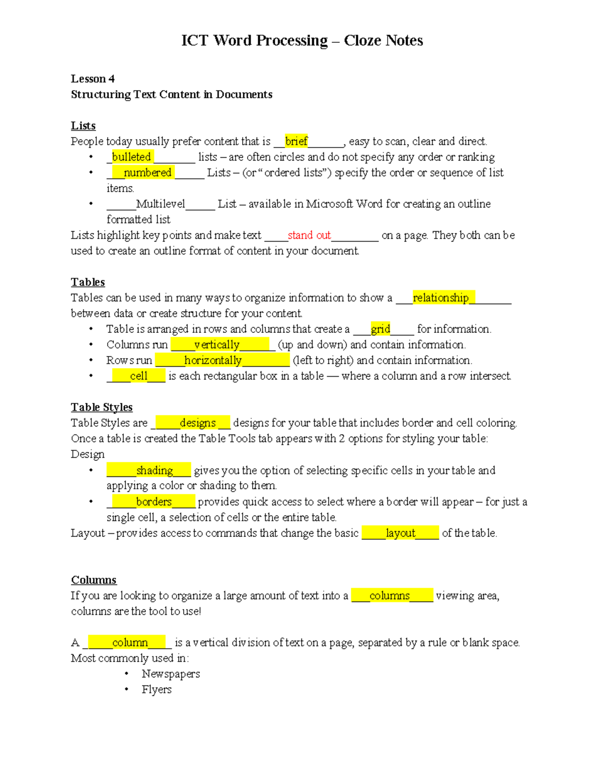 The notorius I.c.t - ICT Word Processing – Cloze Notes Lesson 4 ...