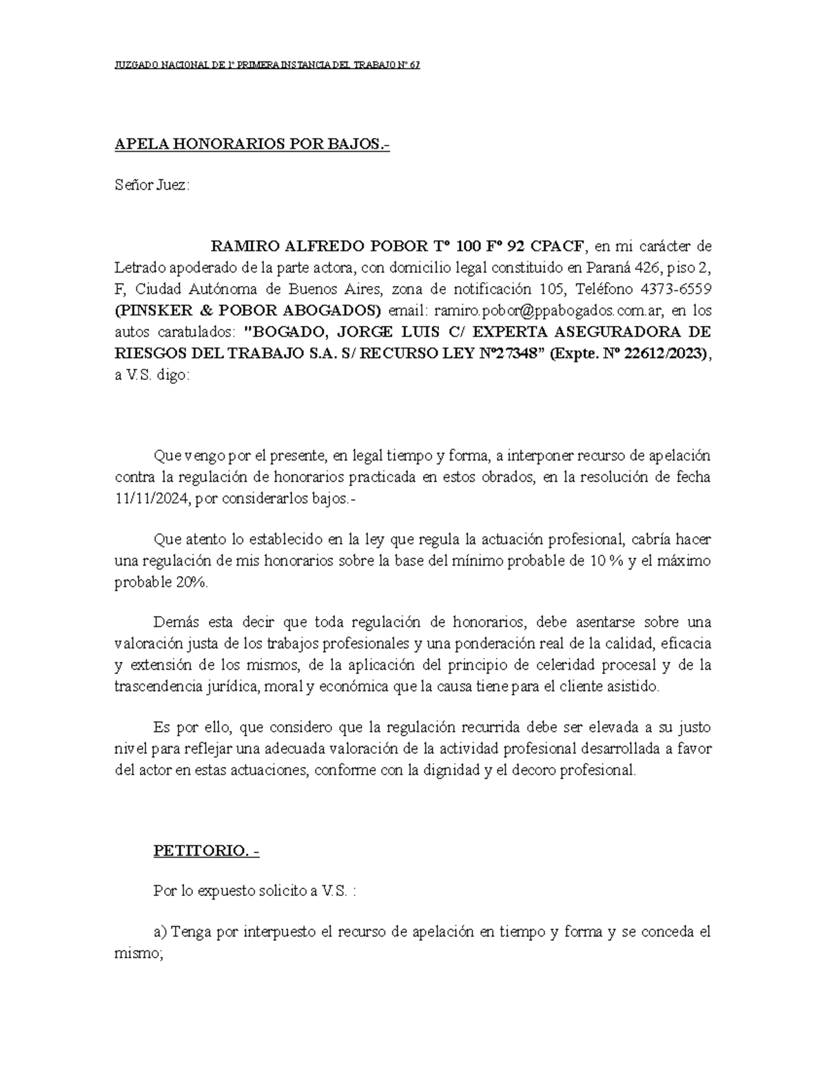 MODELO DE Apela Honorarios POR Bajos - JUZGADO NACIONAL DE 1º PRIMERA ...