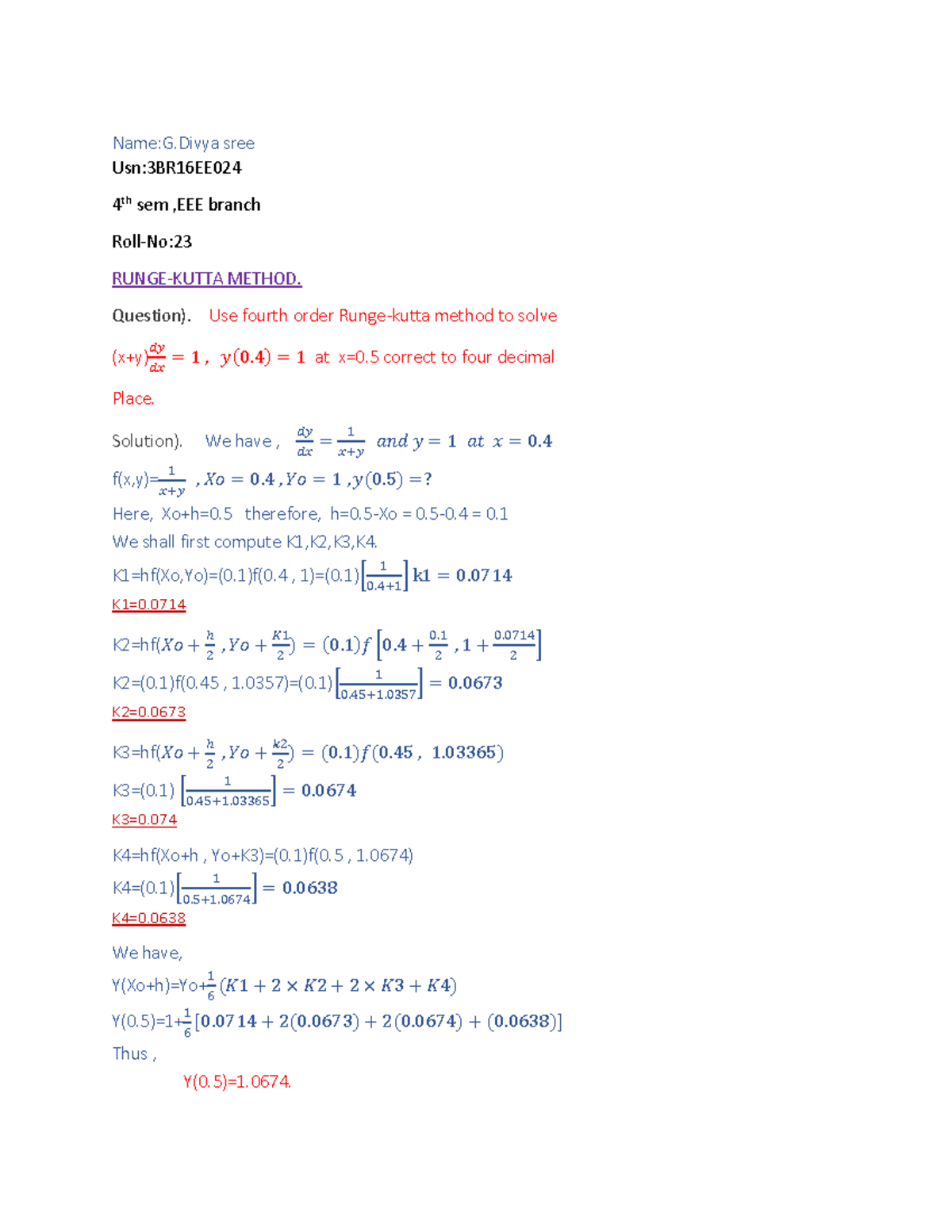 Div mat - Mathematics 2 - Name:G sree Usn:3BR16EE 4 th sem ,EEE branch Roll-No: RUNGE-KUTTA ...