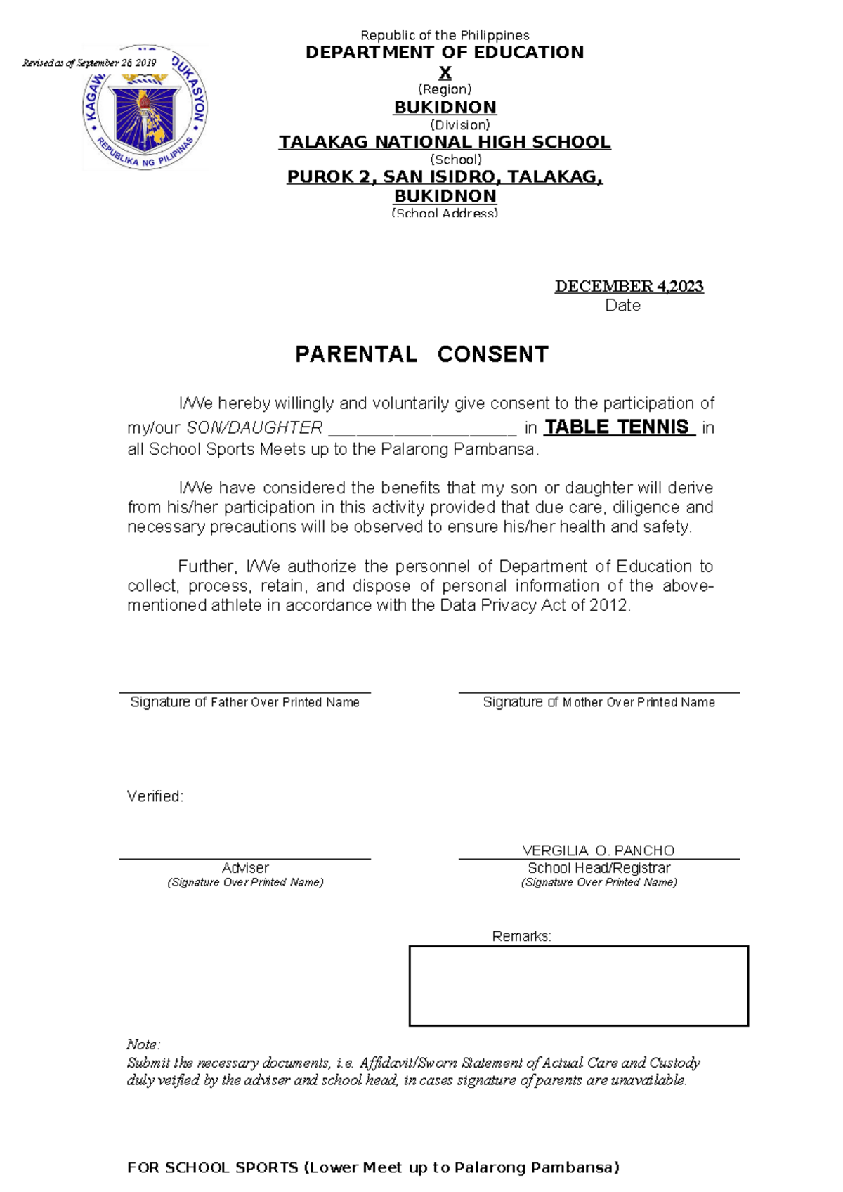 2020 Parents Consent revised 2 TT - DEPARTMENT OF EDUCATION X (Region ...