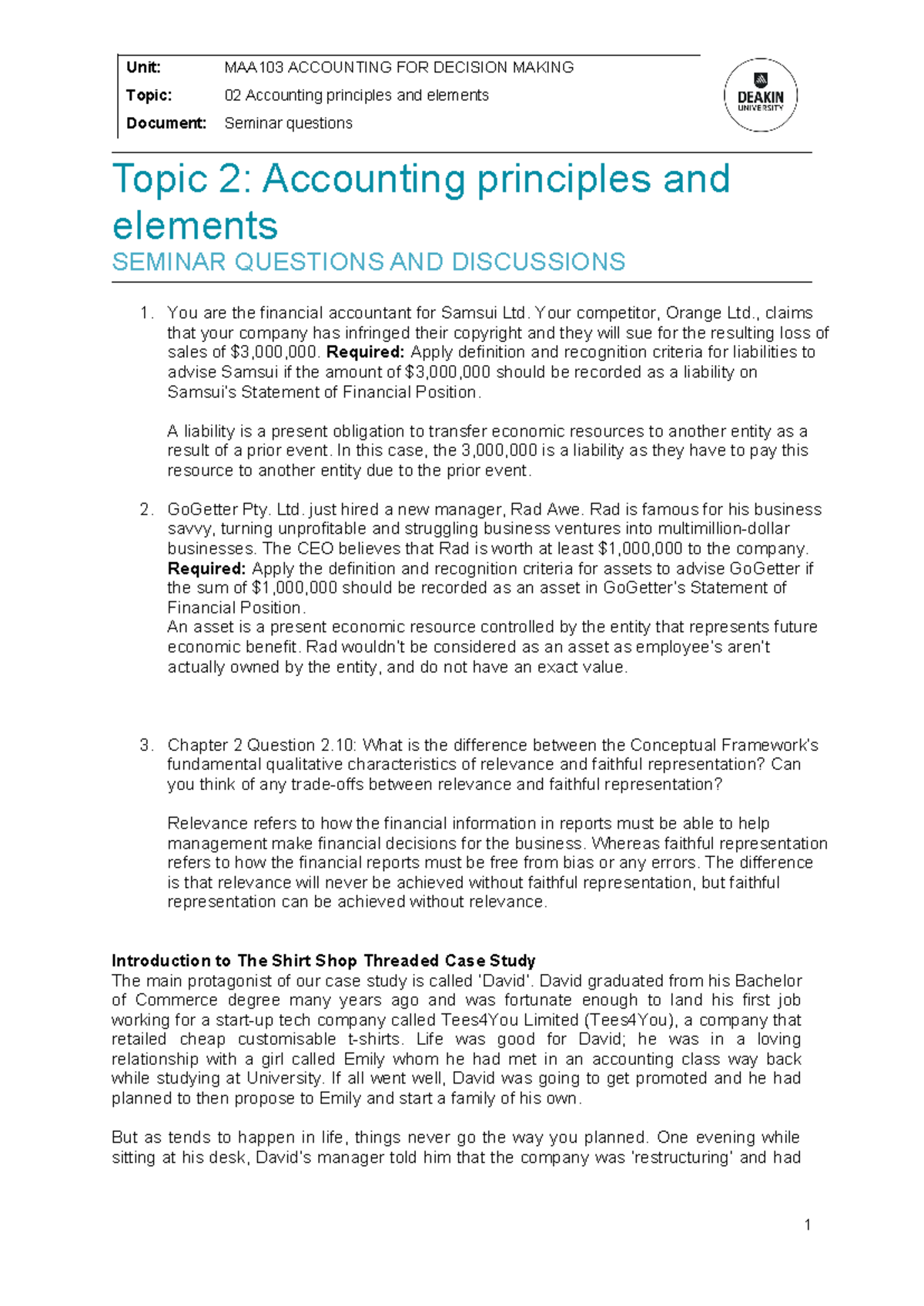 Week 2 Seminar questions - Unit: MAA103 ACCOUNTING FOR DECISION MAKING ...