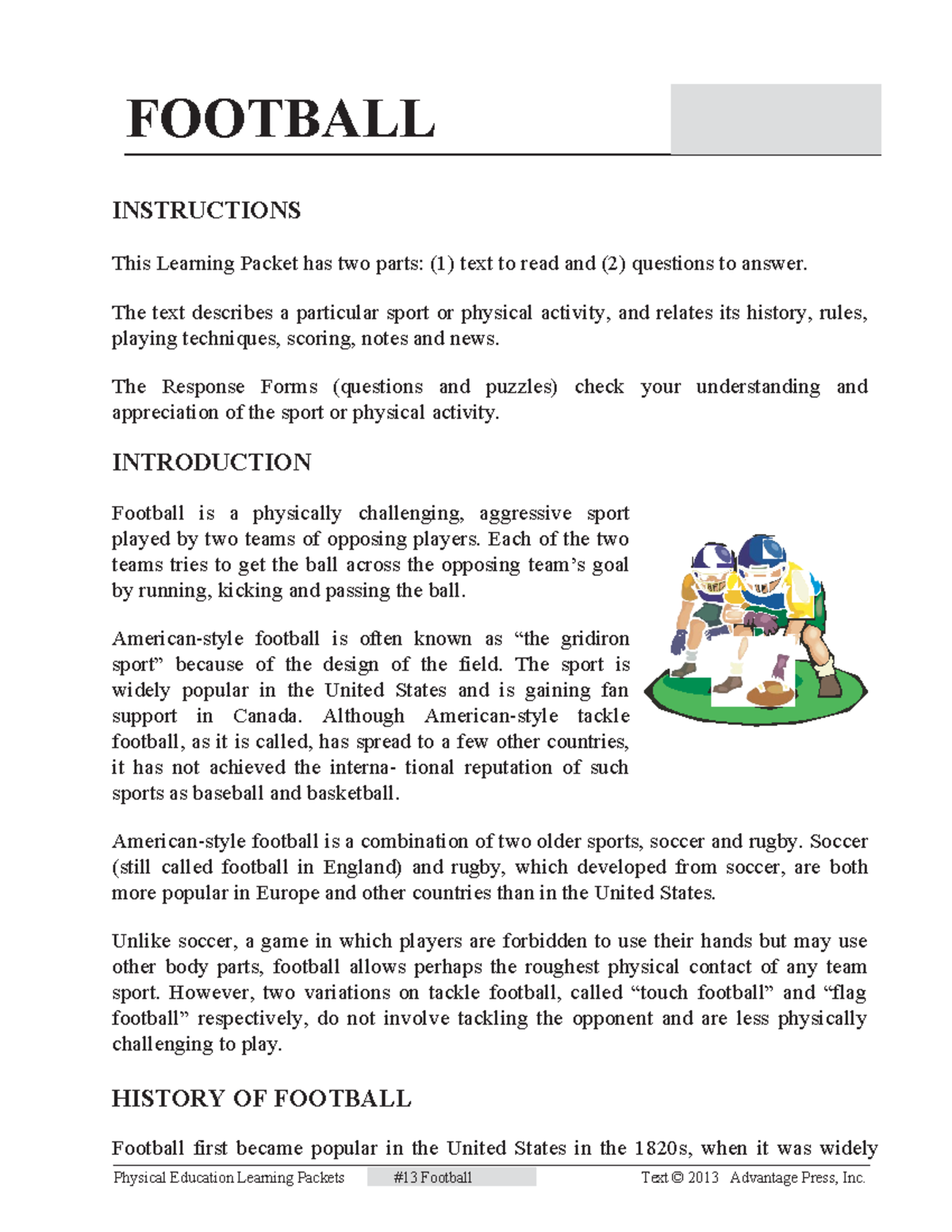 Football english - FOOTBALL INSTRUCTIONS This Learning Packet has two ...