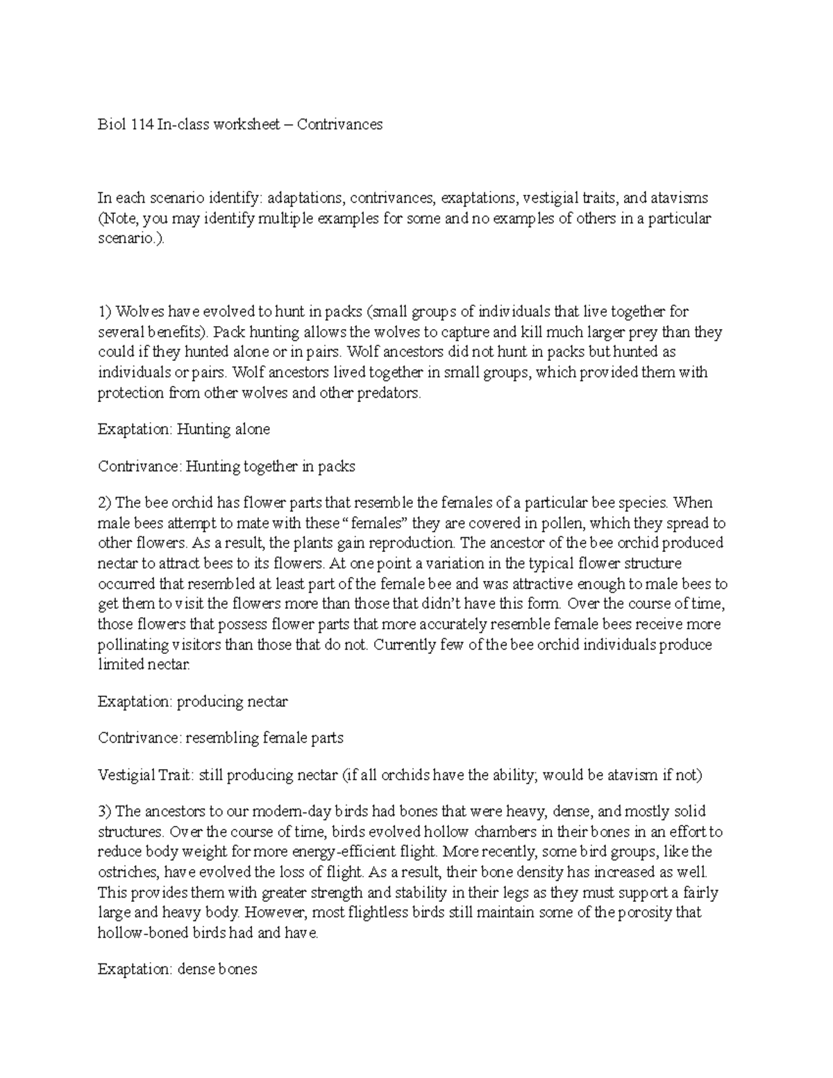 1 24 Worksheet - Contrivances - Biol 114 In-class worksheet ...