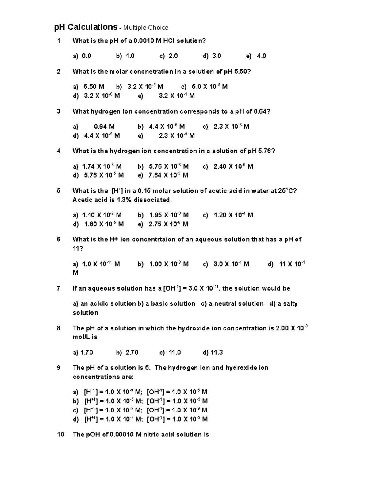 P H Calculations - pH Calculations- Multiple Choice 1 What is the pH of ...