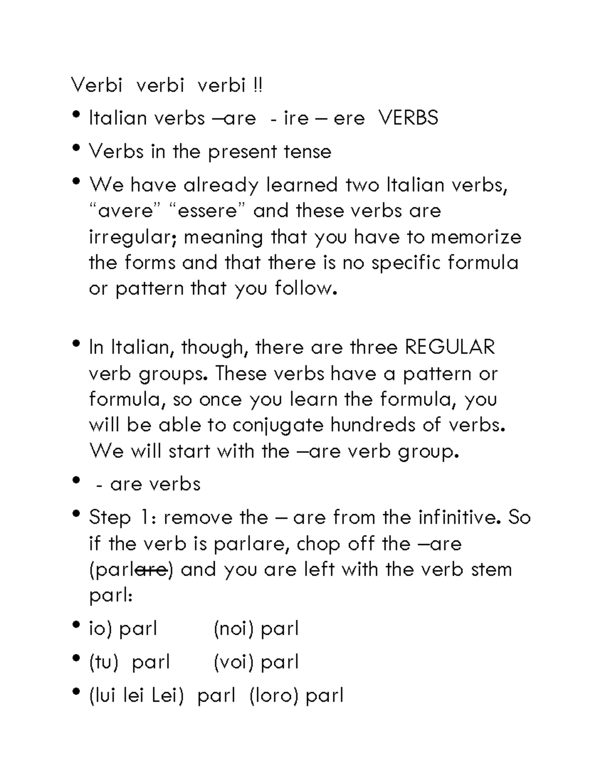 Verbi verbi verbi - review for exam - Verbi verbi verbi !! • Italian ...