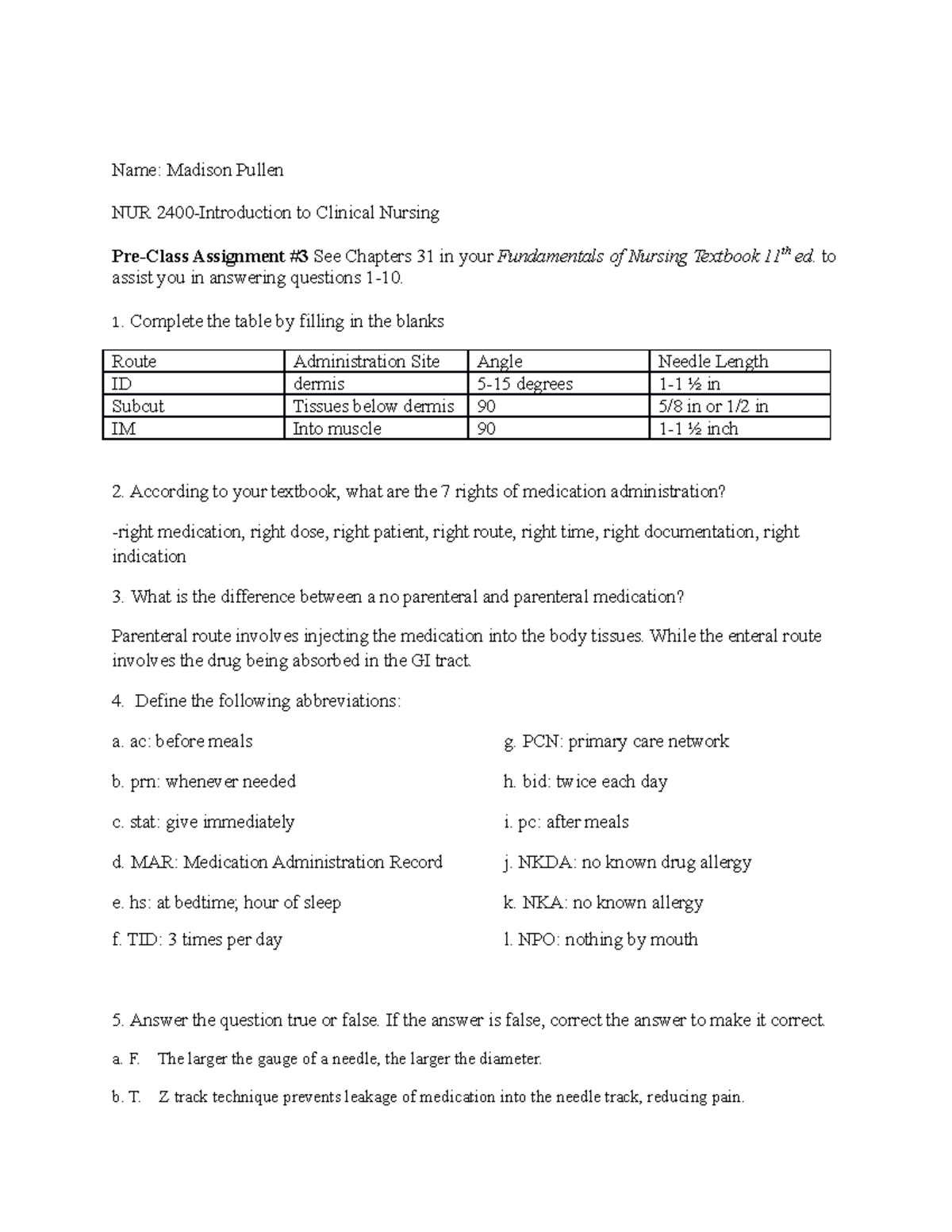 Assignment #3 Medication - Name: Madison Pullen NUR 2400-Introduction to Clinical Nursing Pre ...
