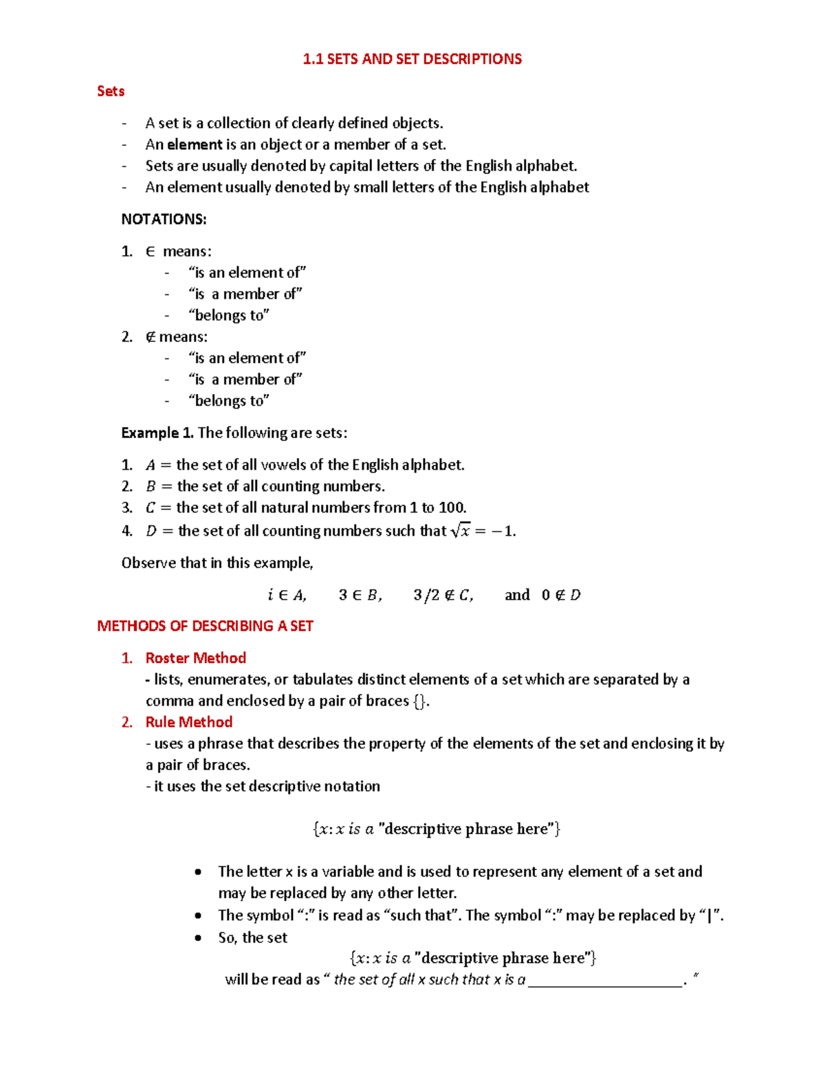 1.1 SETS AND SET - 1 SETS AND SET DESCRIPTIONS Sets A set is a ...