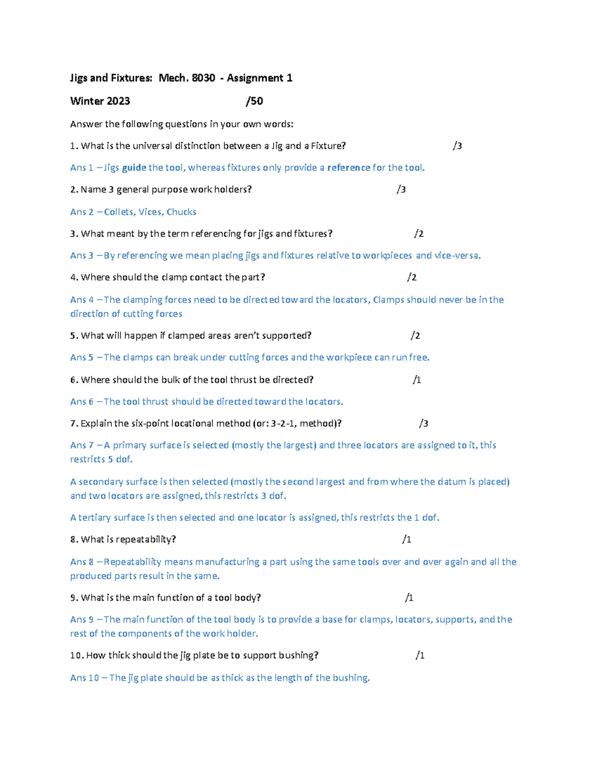 Assignment 1-Jigs - Jigs and Fixtures: Mech. 8030 - Assignment 1 Winter 2023 / Answer the ...