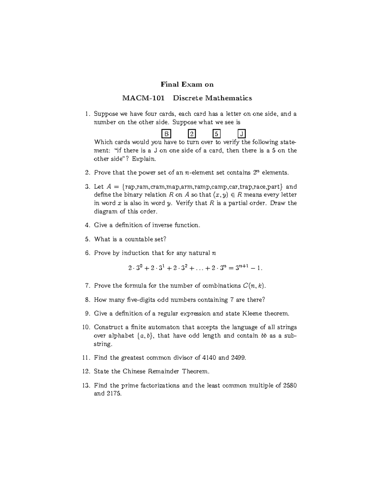 MACM101-FINAL EXAM 2008 - Final Exam on MACM-101 Discrete Mathematics Suppose we have four cards ...