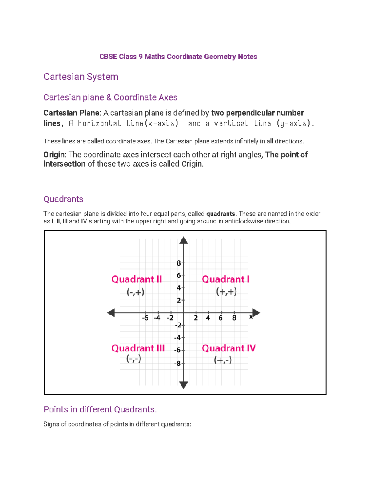 Coordinate Geometry Notes - CBSE Class 9 Maths Coordinate Geometry ...