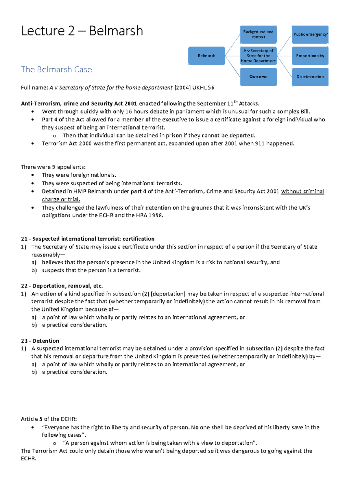 Belmarsh Case Lecture 2 notes - Lecture 2 – Belmarsh The Belmarsh Case ...