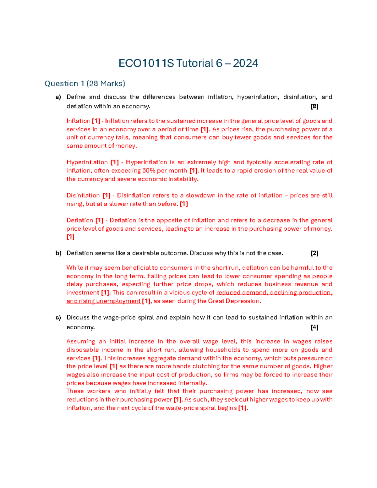 Tutorial Submission 6 Memo - ECO1011S Tutorial 6 – 2024 Question 1 (28 Marks) a) Define and ...