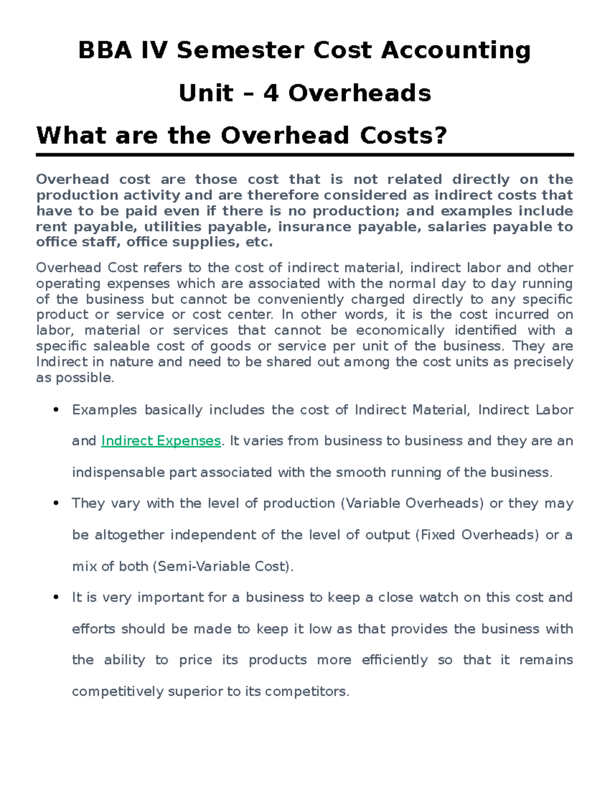 Unit 4 Overheads BBA IV Semester Cost Accounting Unit 4 Overheads