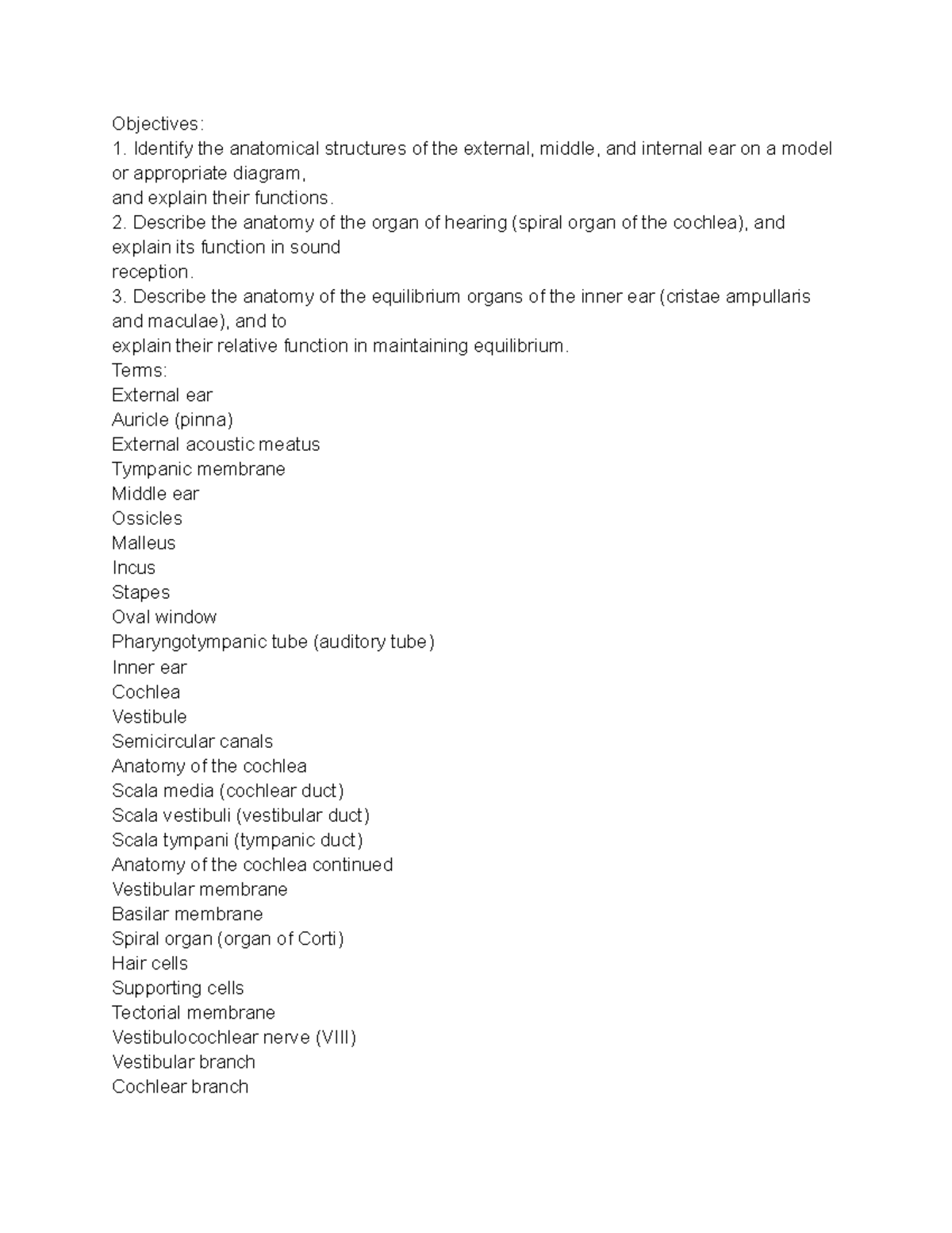 THE EAR - lecture notes on the ear and the objective for the quiz as ...