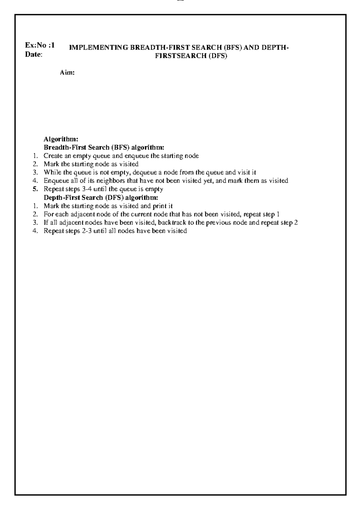 Aiml Record Exno Date Aim Implementing Breadth First Search Bfs And Depth Firstsearch 
