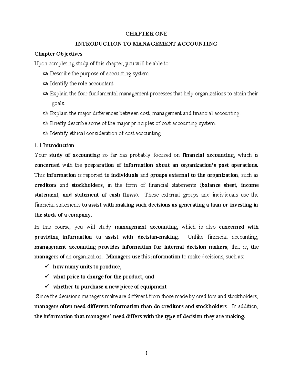 Chapter 1 - CHAPTER ONE INTRODUCTION TO MANAGEMENT ACCOUNTING Chapter ...