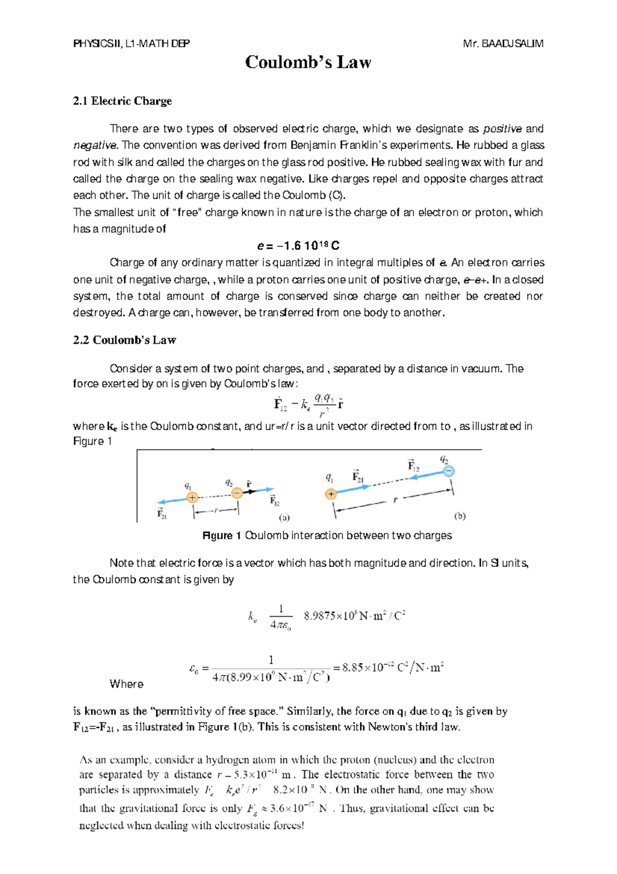 Coulomb law - Summary Physique - Coulomb’s Law 2 Electric Charge There ...