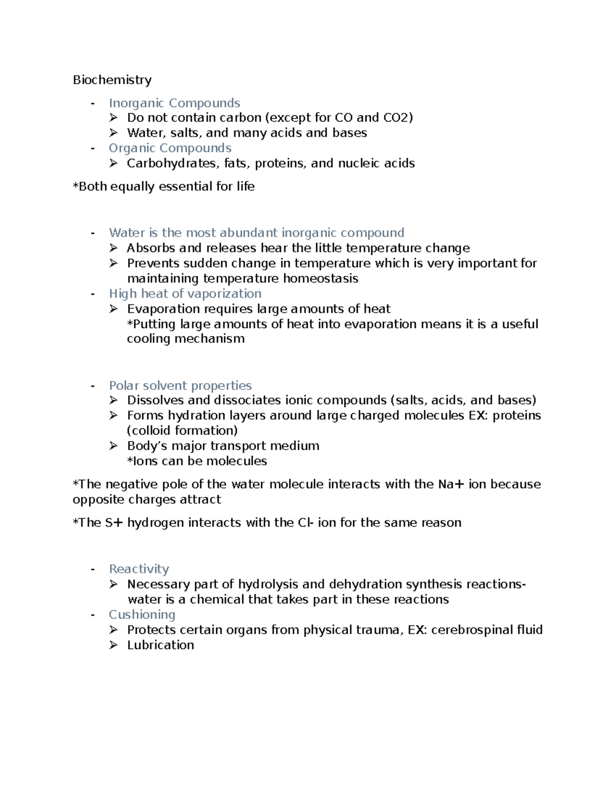 Biochem 1 for anatomy - Biochemistry Inorganic Compounds Do not contain ...