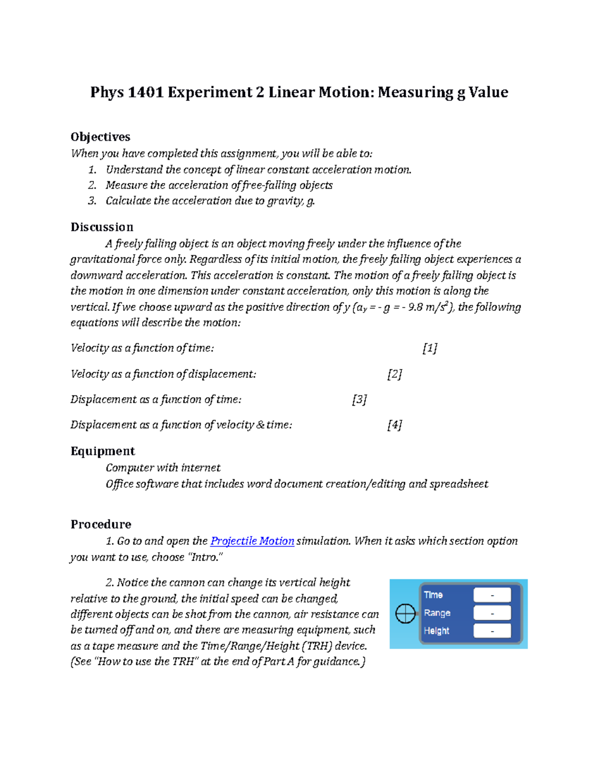 LSC Lab 1 - Phys 1401 Exp 2 Linear Motion - Phys 1401 Experiment 2 Linear Motion: Measuring g ...
