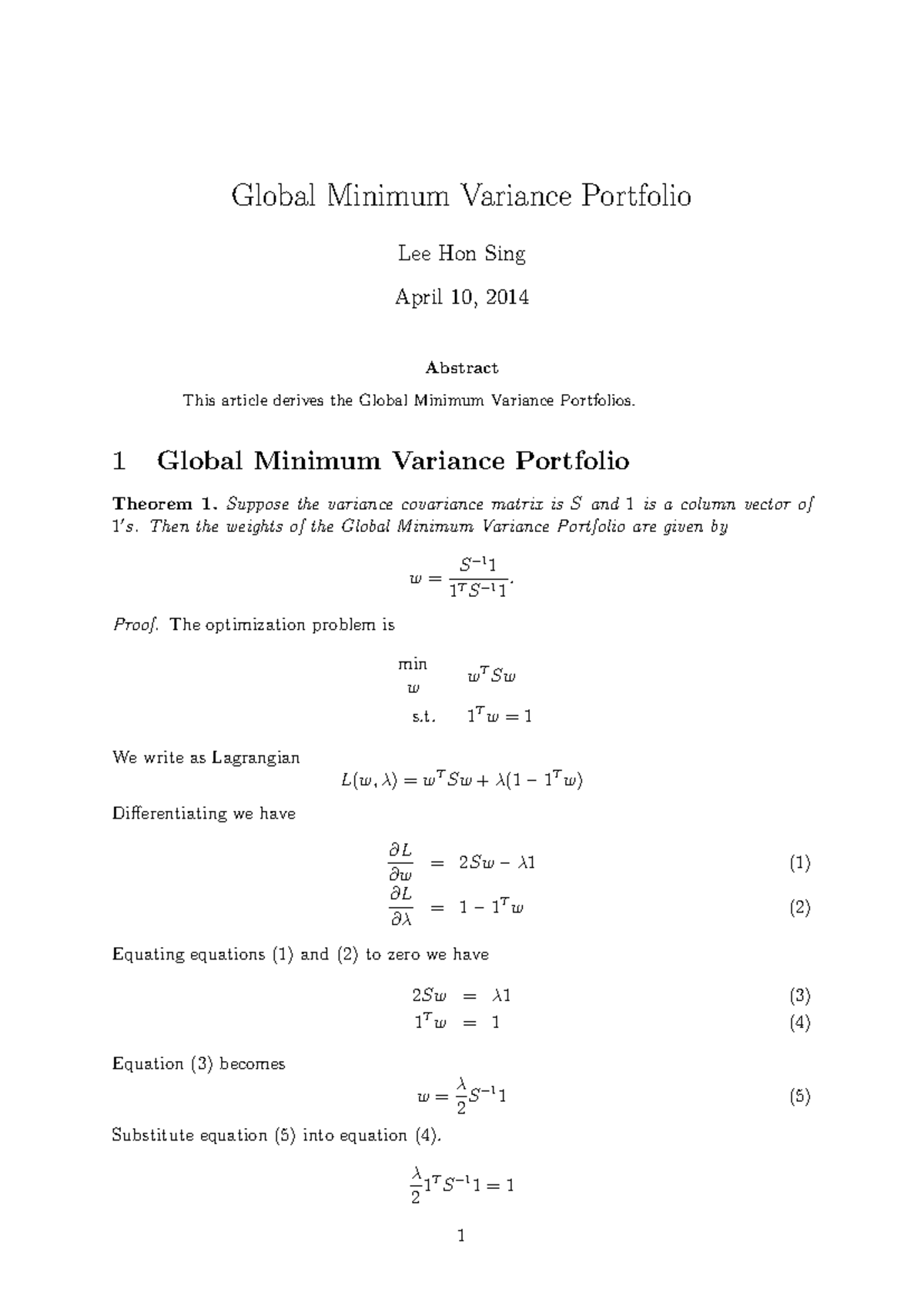 GMVP - Global minimum variance price, formula sheet - Global Minimum ...