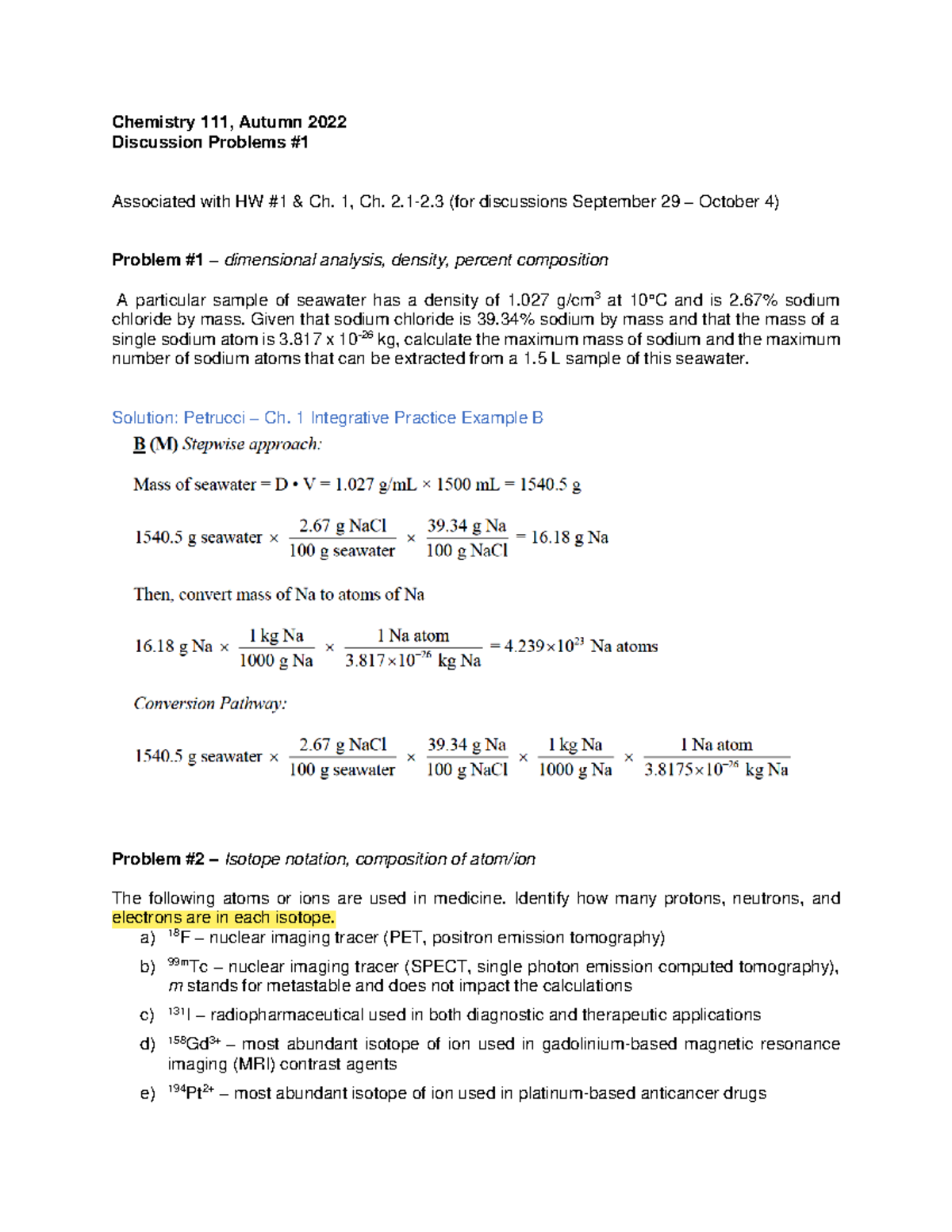 CHEM 111 Discussion Problems #1 - Chemistry 111, Autumn 2022 Discussion Problems # Associated ...