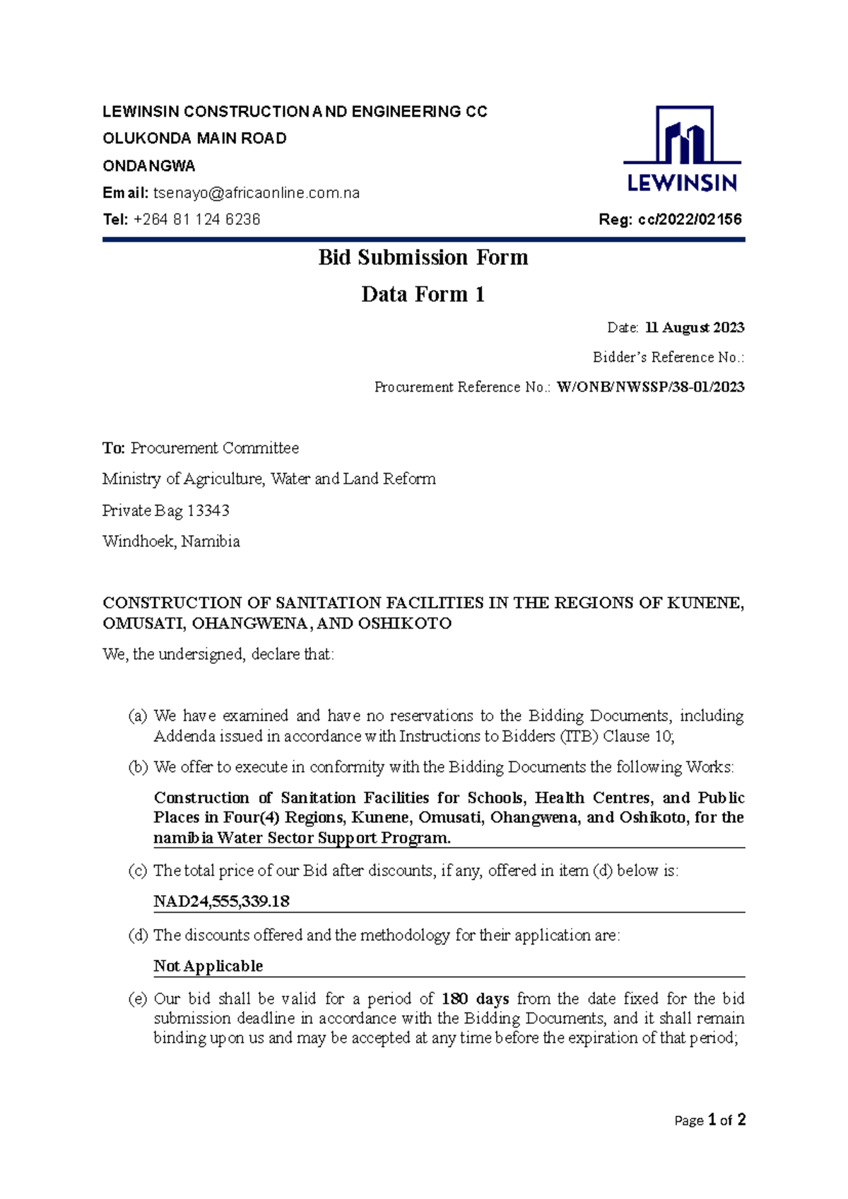 LCE CC Bid Submission Form - LEWINSIN CONSTRUCTION AND ENGINEERING CC OLUKONDA MAIN ROAD ...