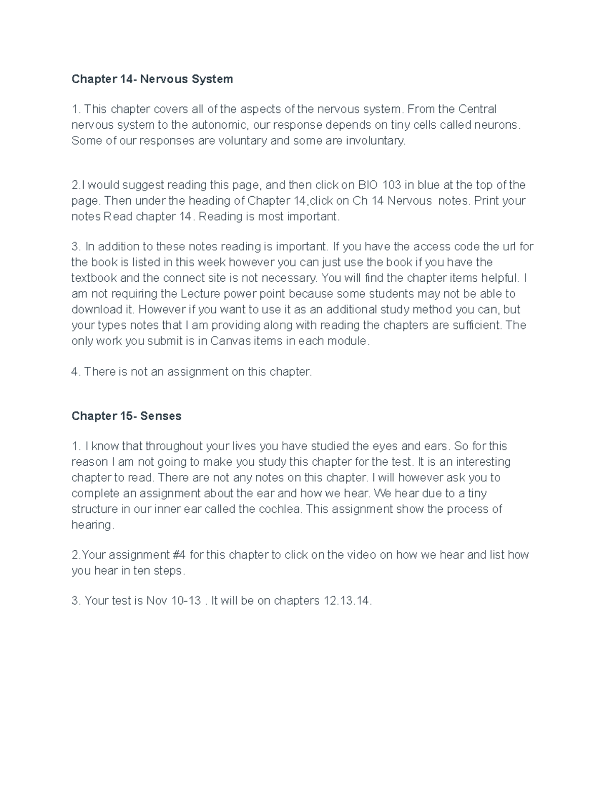 Chapters 14 and 15 BIO 103 Human Biology - Chapter 14- Nervous System ...