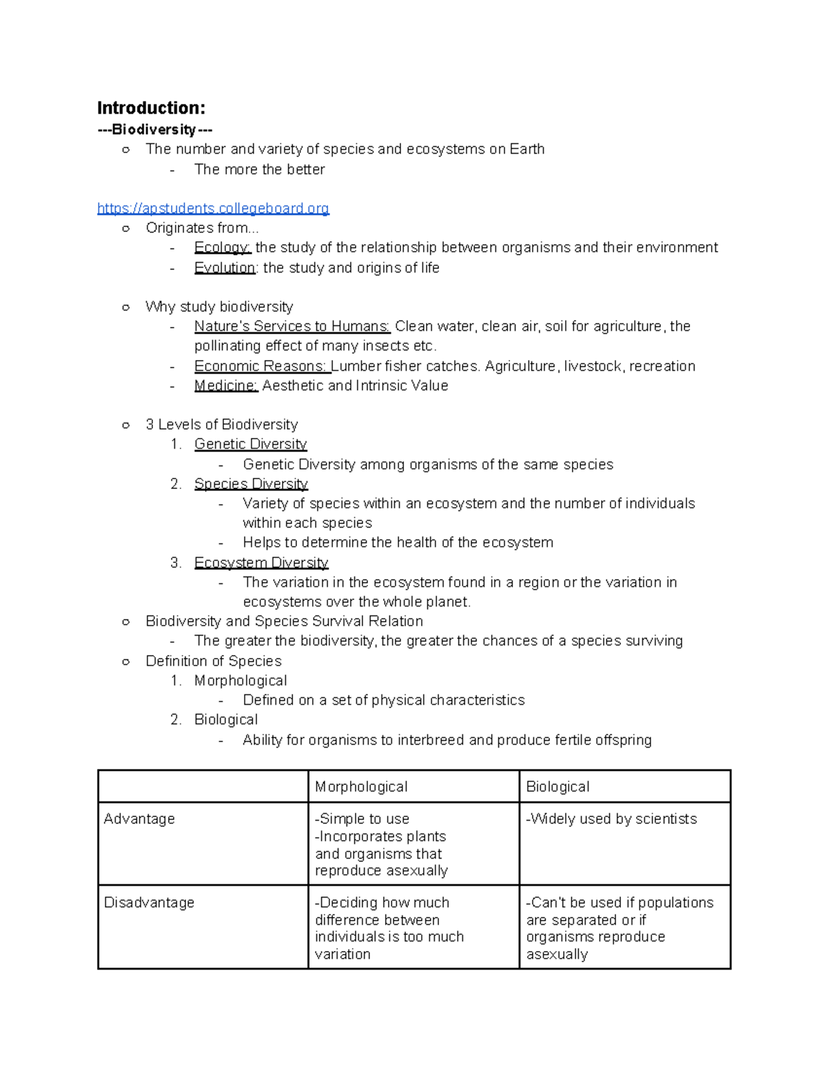 Diversity Part 1 - General class notes - Introduction: -Biodiversity ...