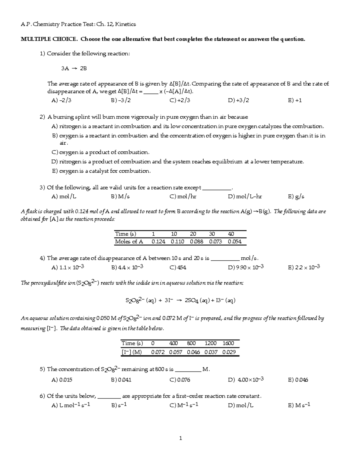 Ch 12 prac test kinetics 1 - A. Chemistry Practice Test: Ch. 12 ...