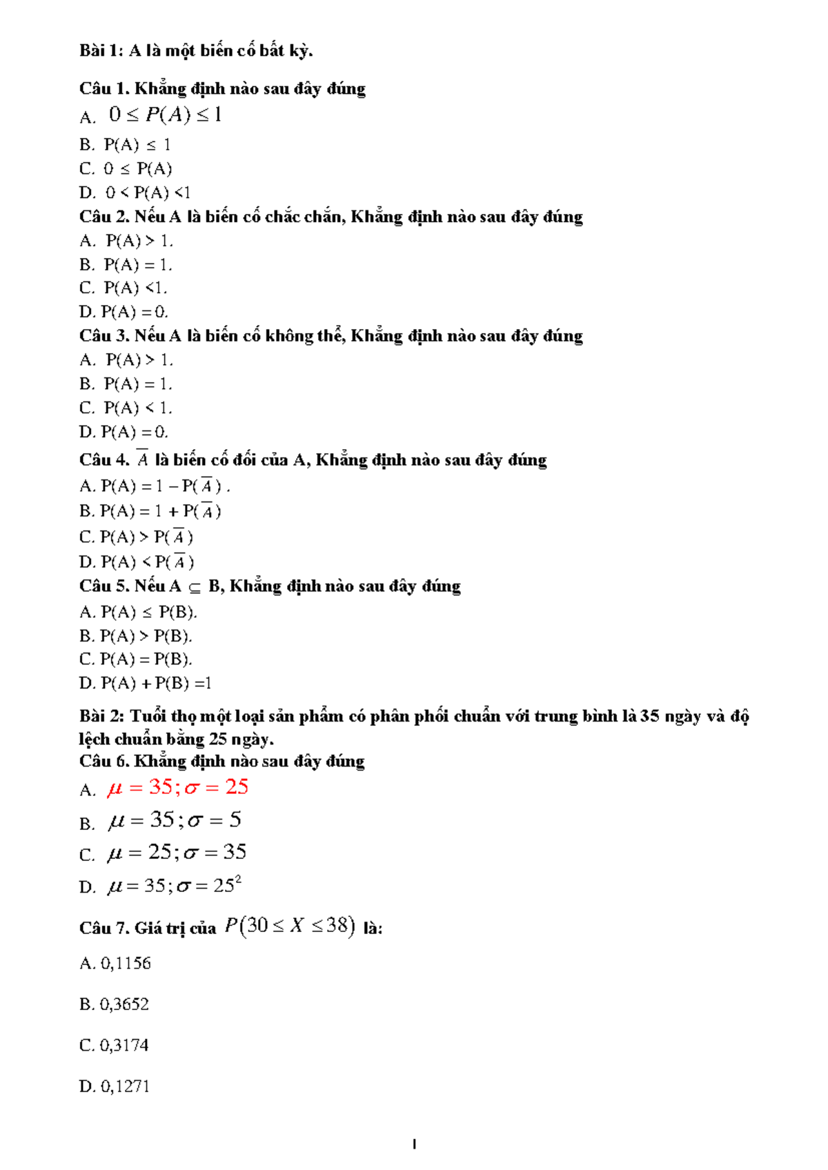 Ôn tập- Chương 1-2 - nbhhh - Bài 1: A là một biến cố bất kỳ. Câu 1 ...
