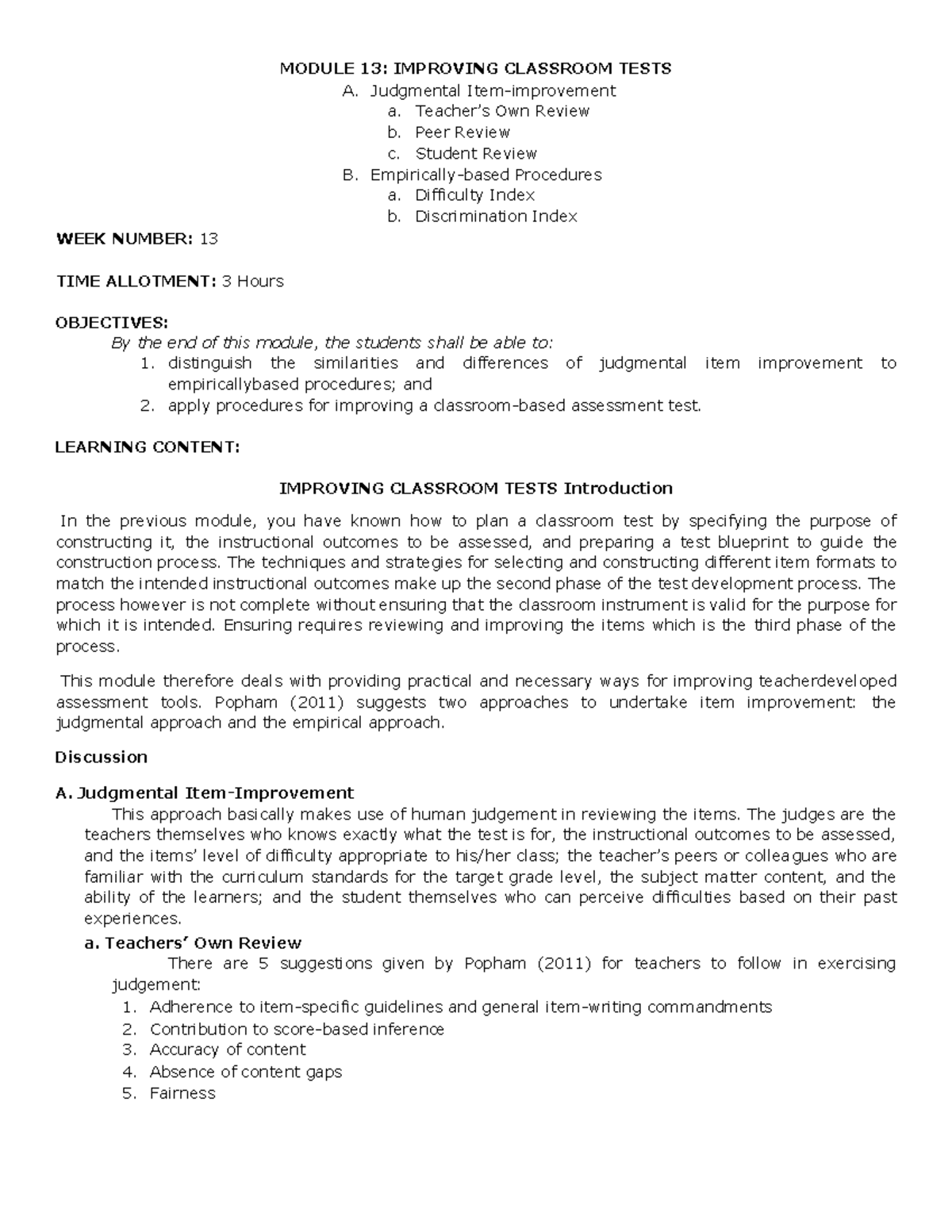 EDUC 107a Module 13 Upload - MODULE 13: IMPROVING CLASSROOM TESTS WEEK ...