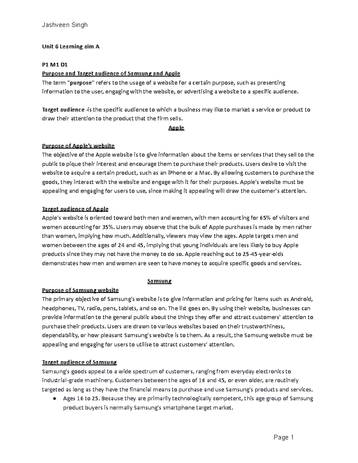 Unit 6 - learning aim 6 - aaa - Unit 6 Learning aim A P1 M1 D Purpose ...